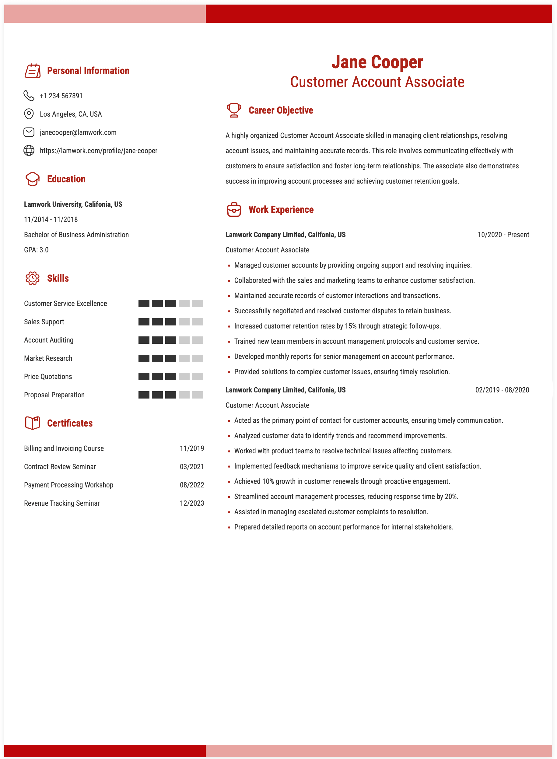 Customer Account Associate Resume Example