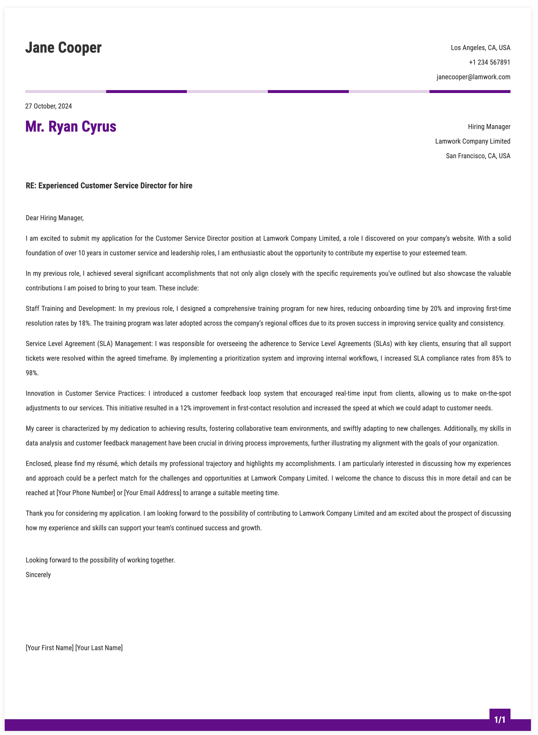 Customer Service Director Cover Letter Template