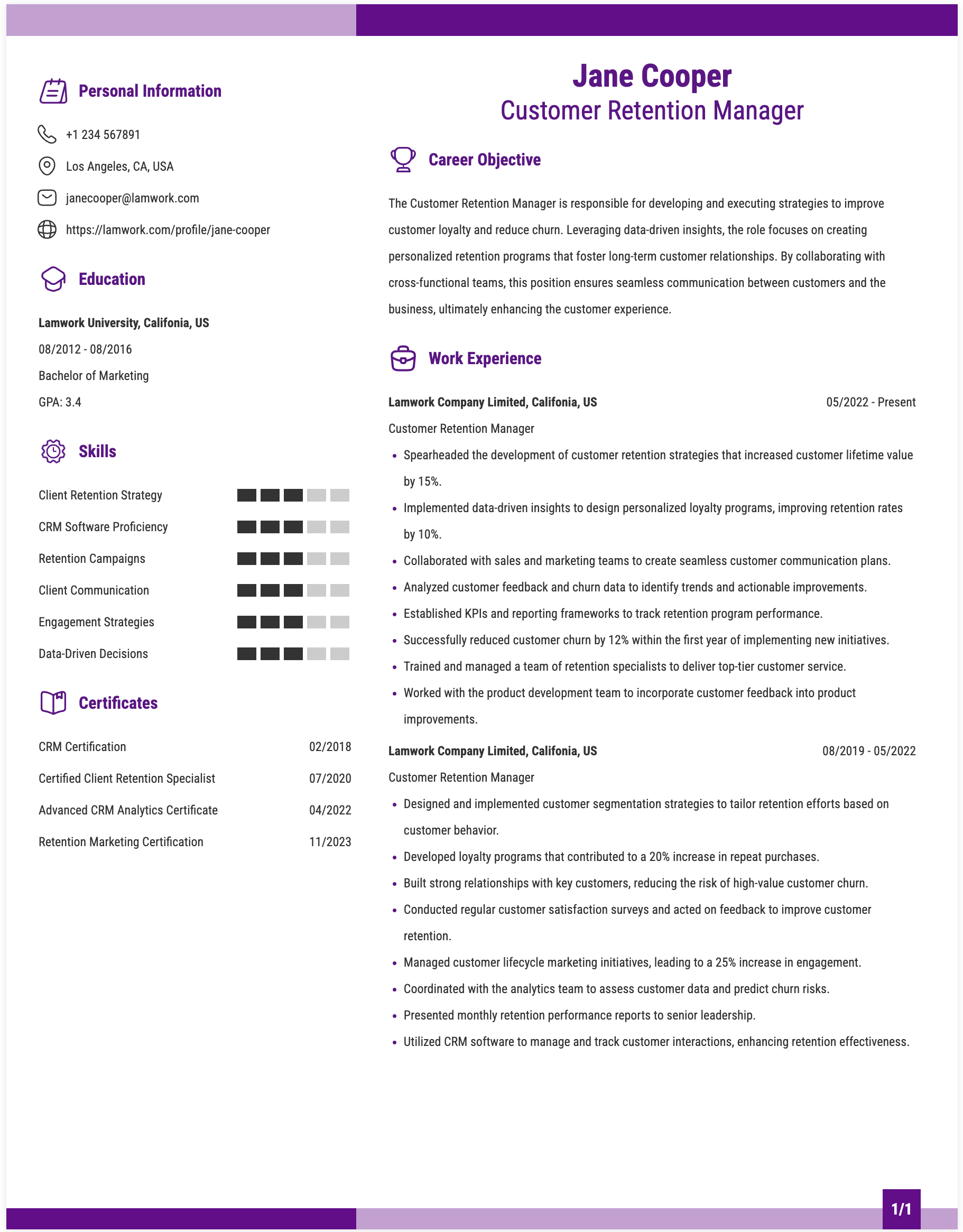 Customer Retention Manager Resume Example