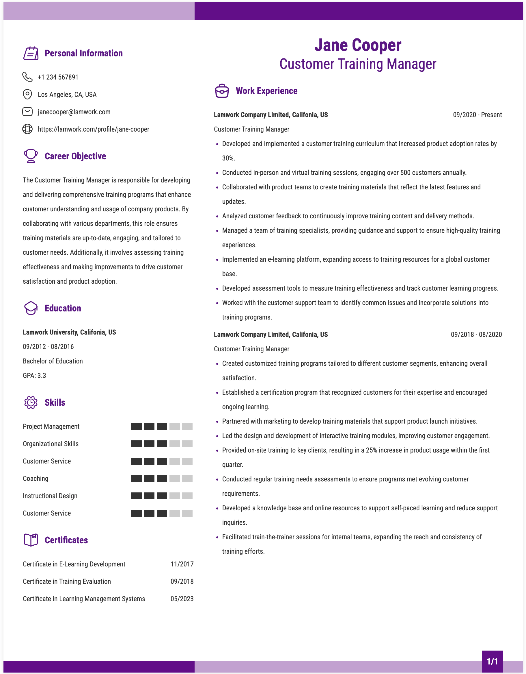 Customer Training Manager Resume Example