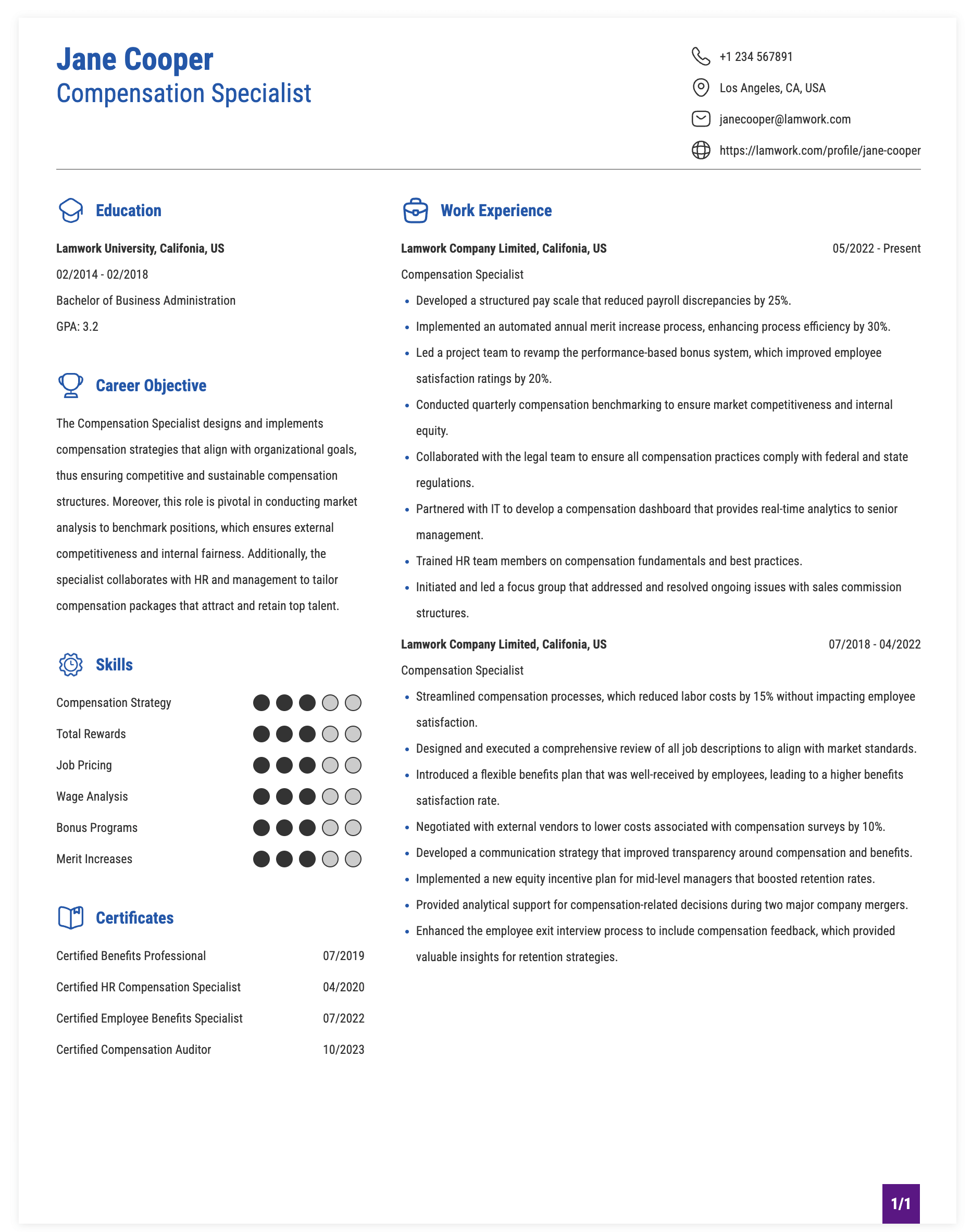 Compensation Specialist Resume Example