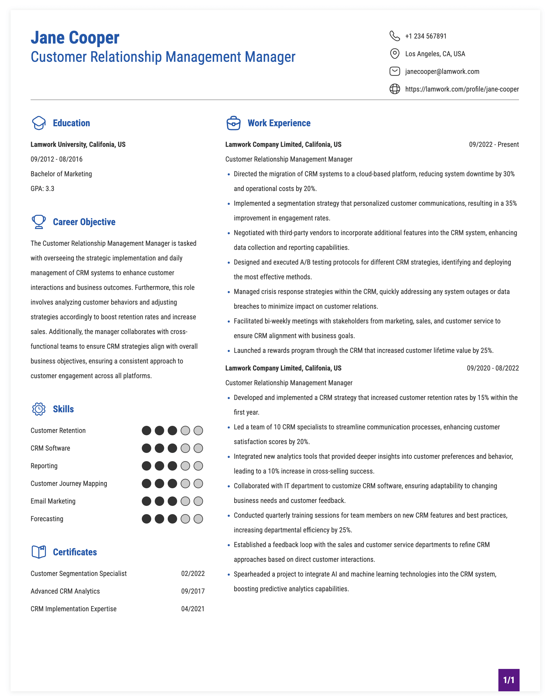 Customer Relationship Management Manager Resume Example