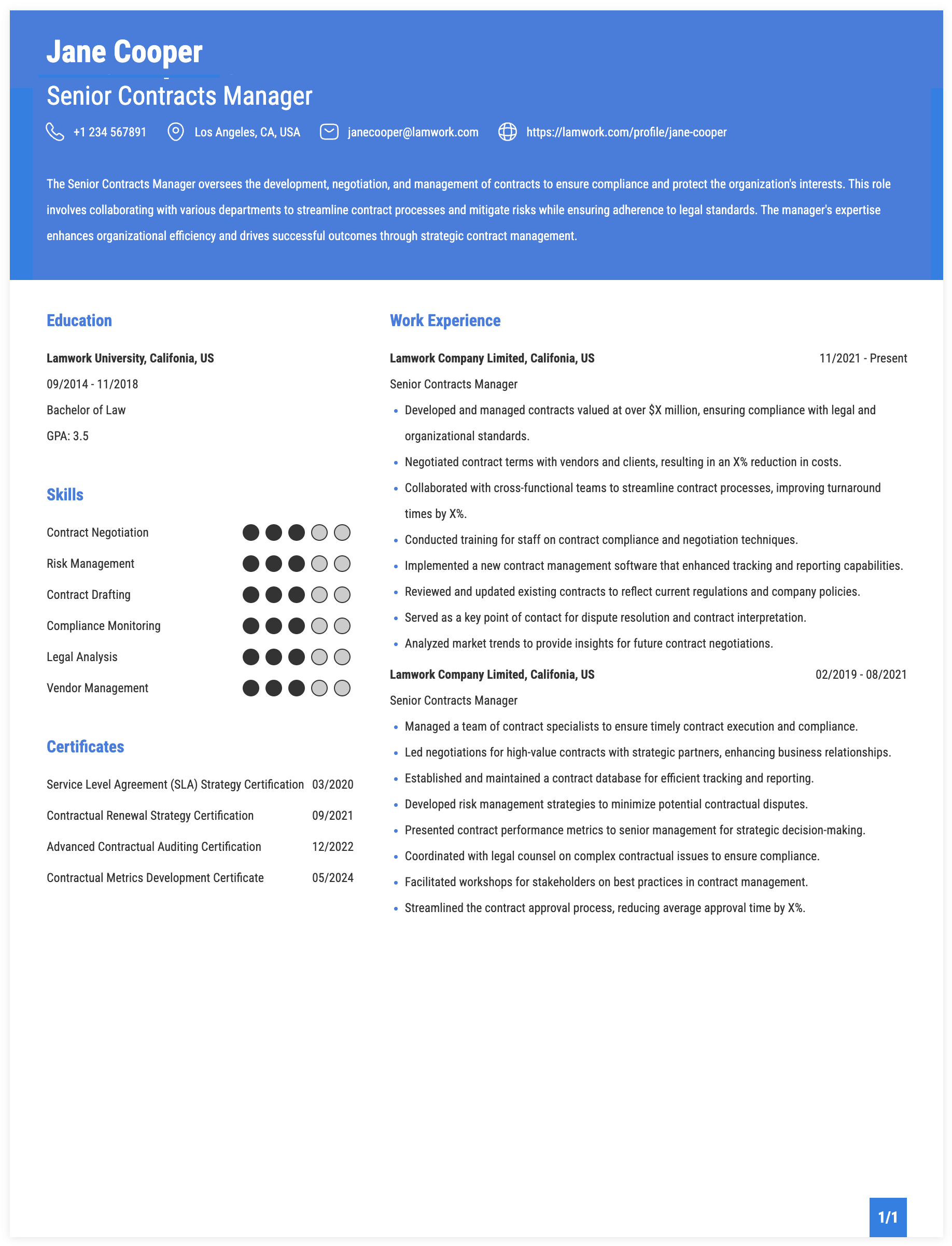 Senior Contracts Manager Resume Example