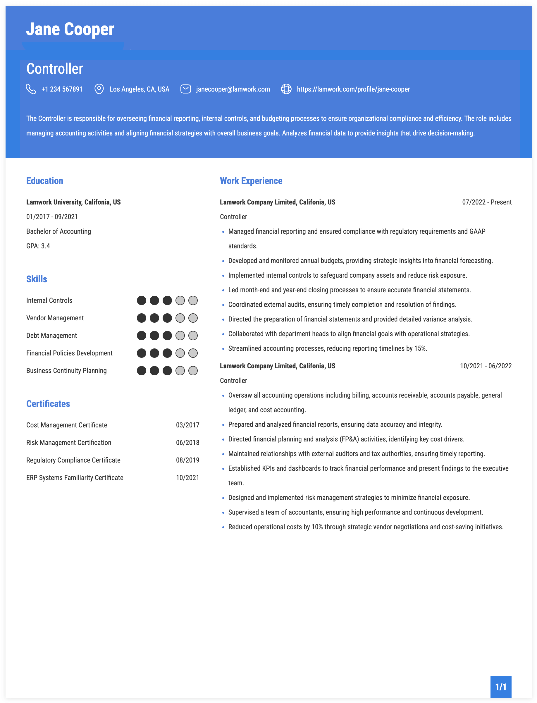 Controller Resume Example