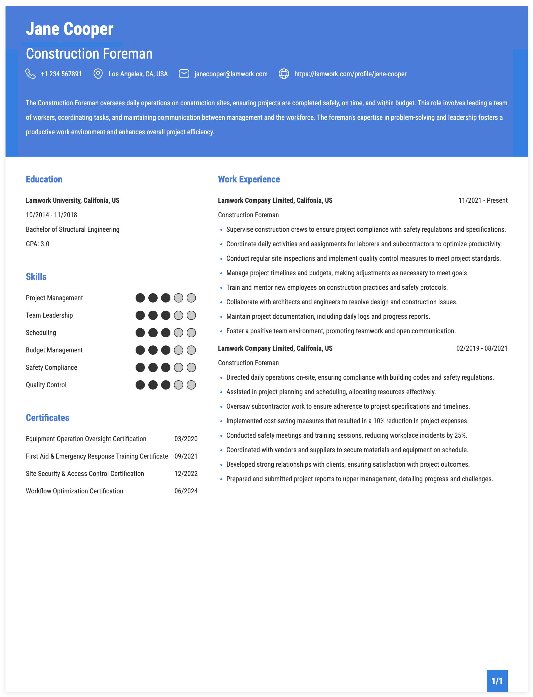 Construction Foreman Resume Example