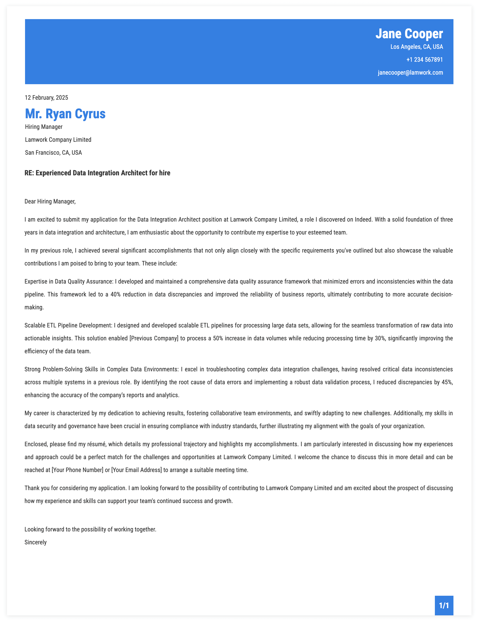 Data Integration Architect Cover Letter Template