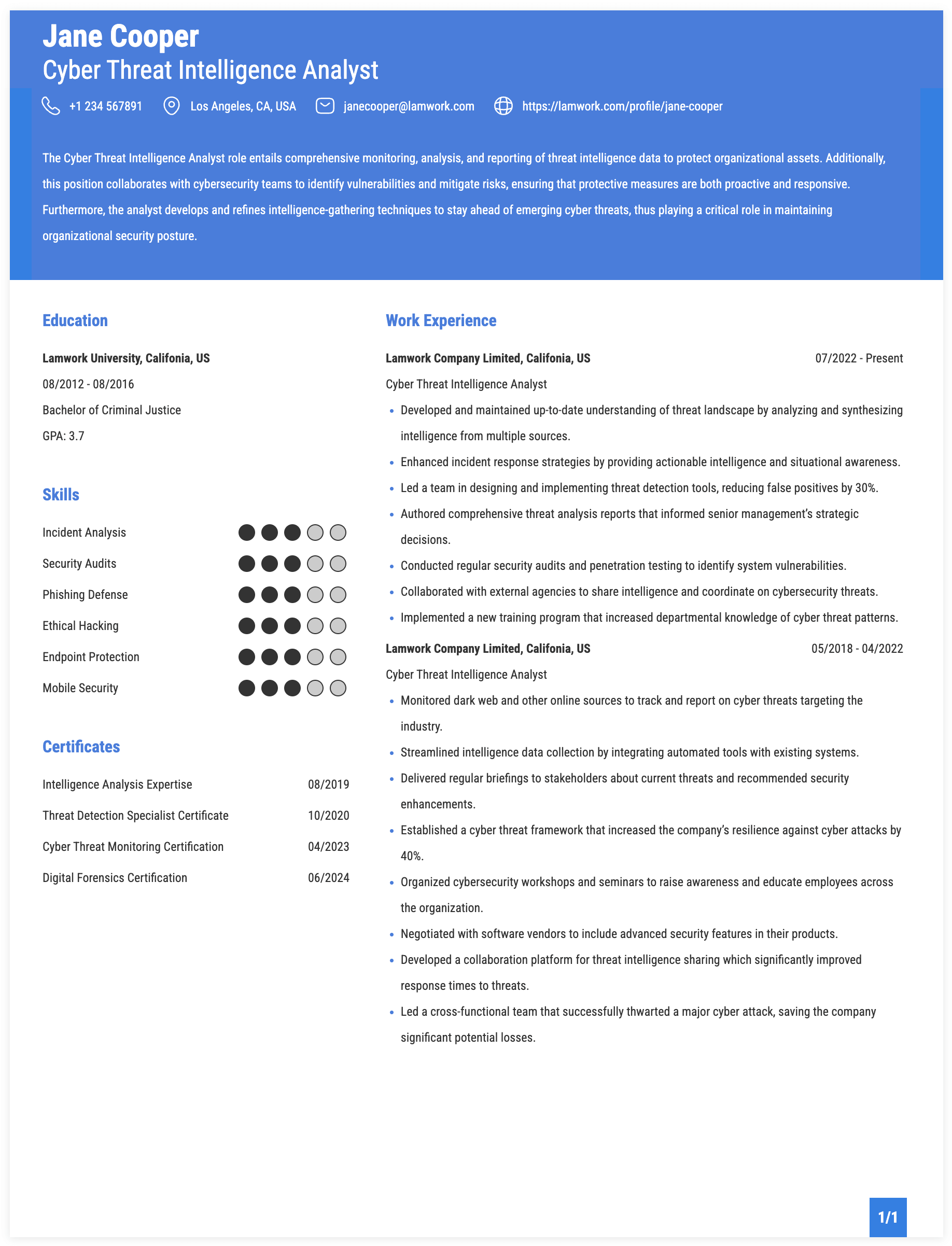 Cyber Threat Intelligence Analyst Resume Example