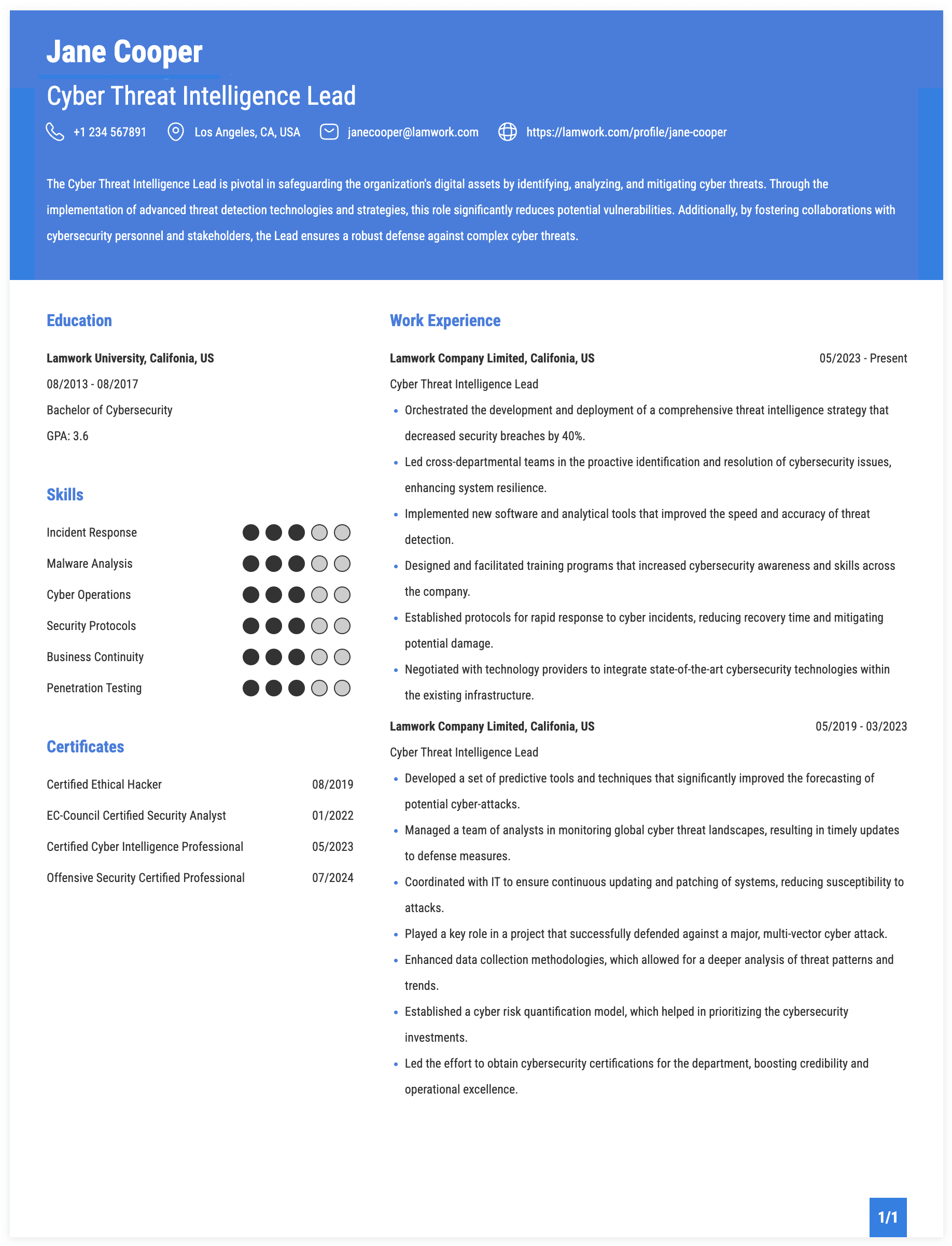 Cyber Threat Intelligence Lead Resume Example
