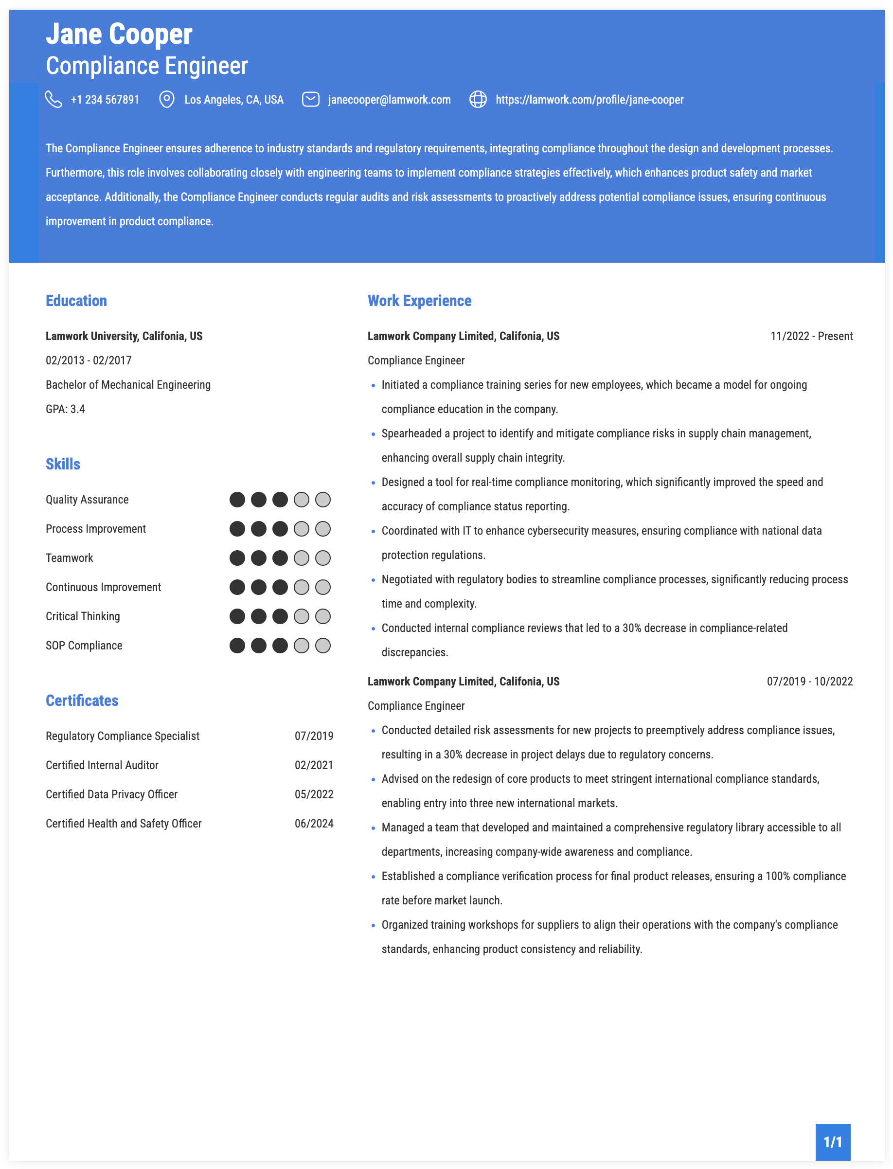 Compliance Engineer Resume Example