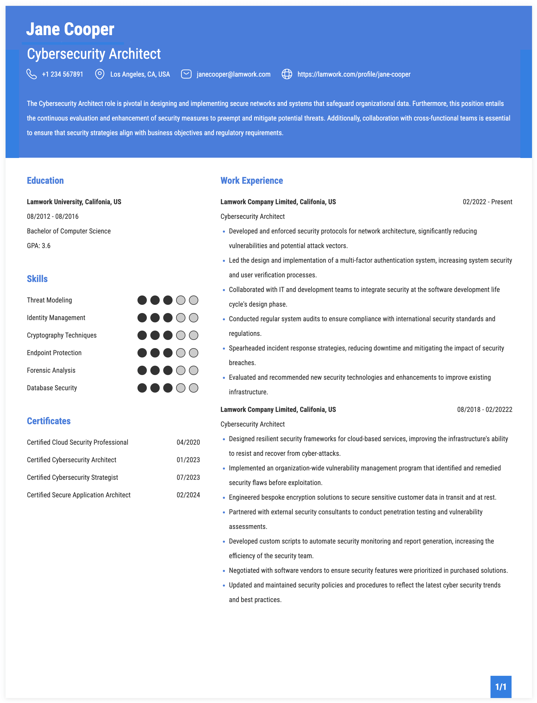Cybersecurity Architect Resume Example