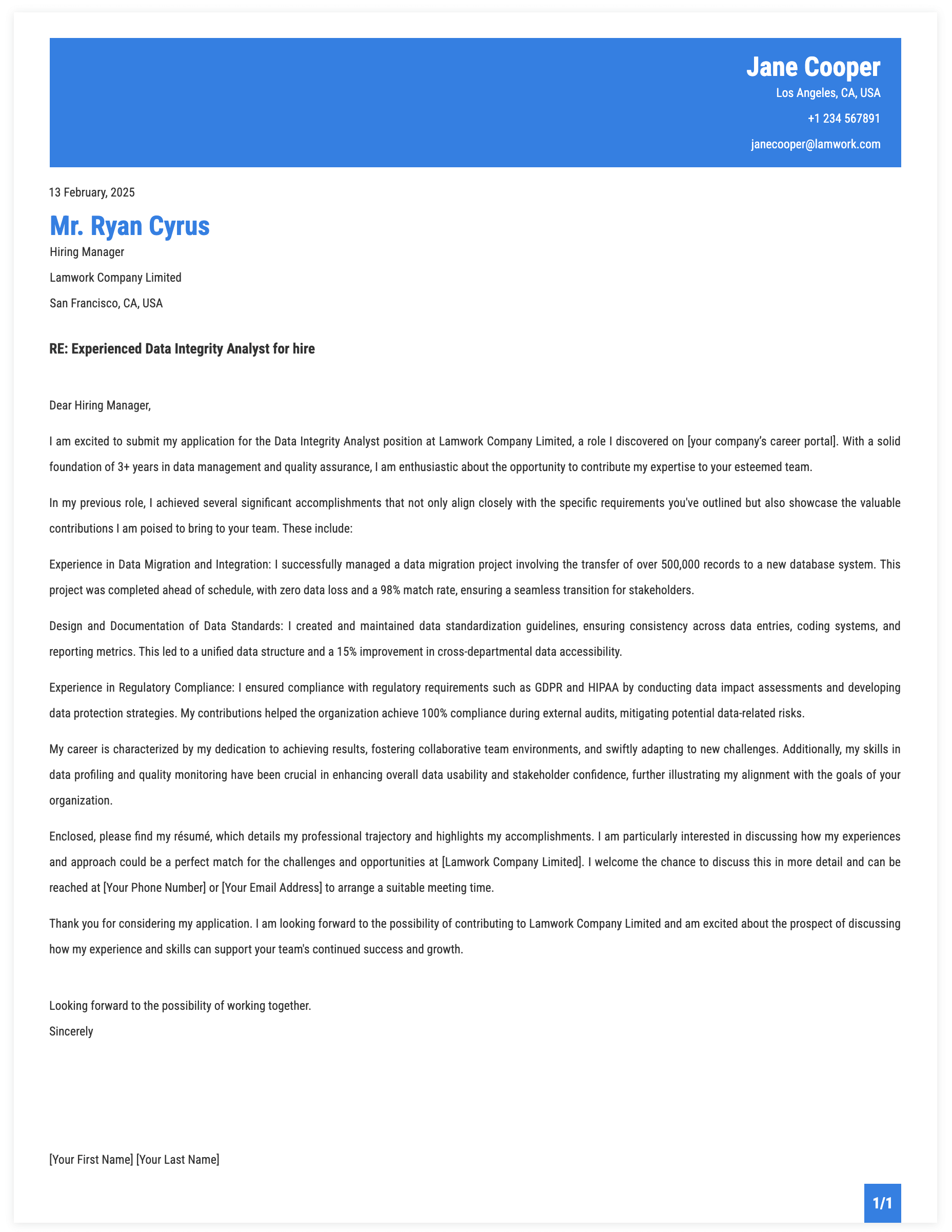 Data Integrity Analyst Cover Letter Template