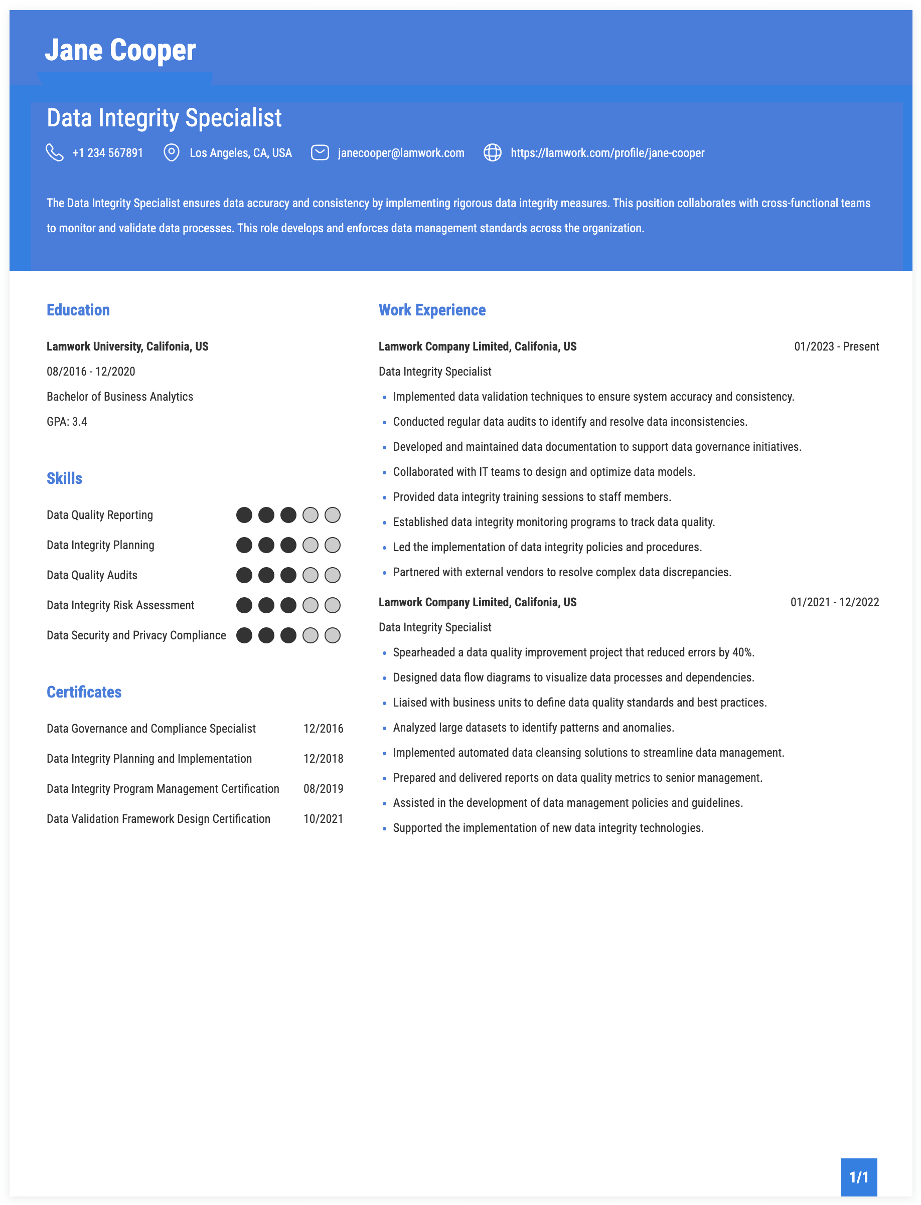 Data Integrity Specialist Resume Example