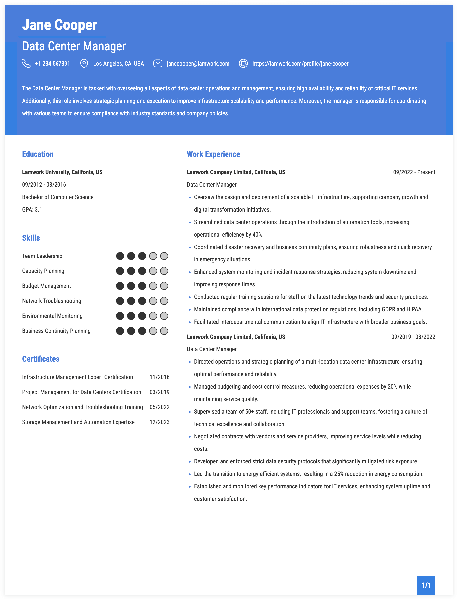 Data Center Manager Resume Example