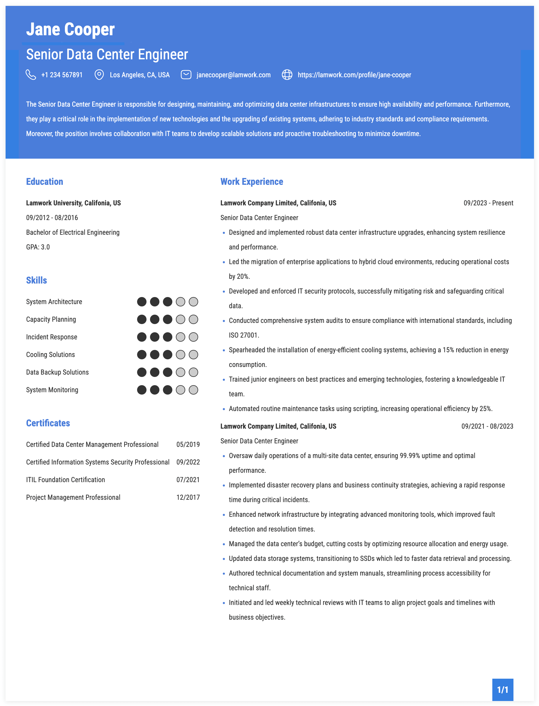 Senior Data Center Engineer Resume Example