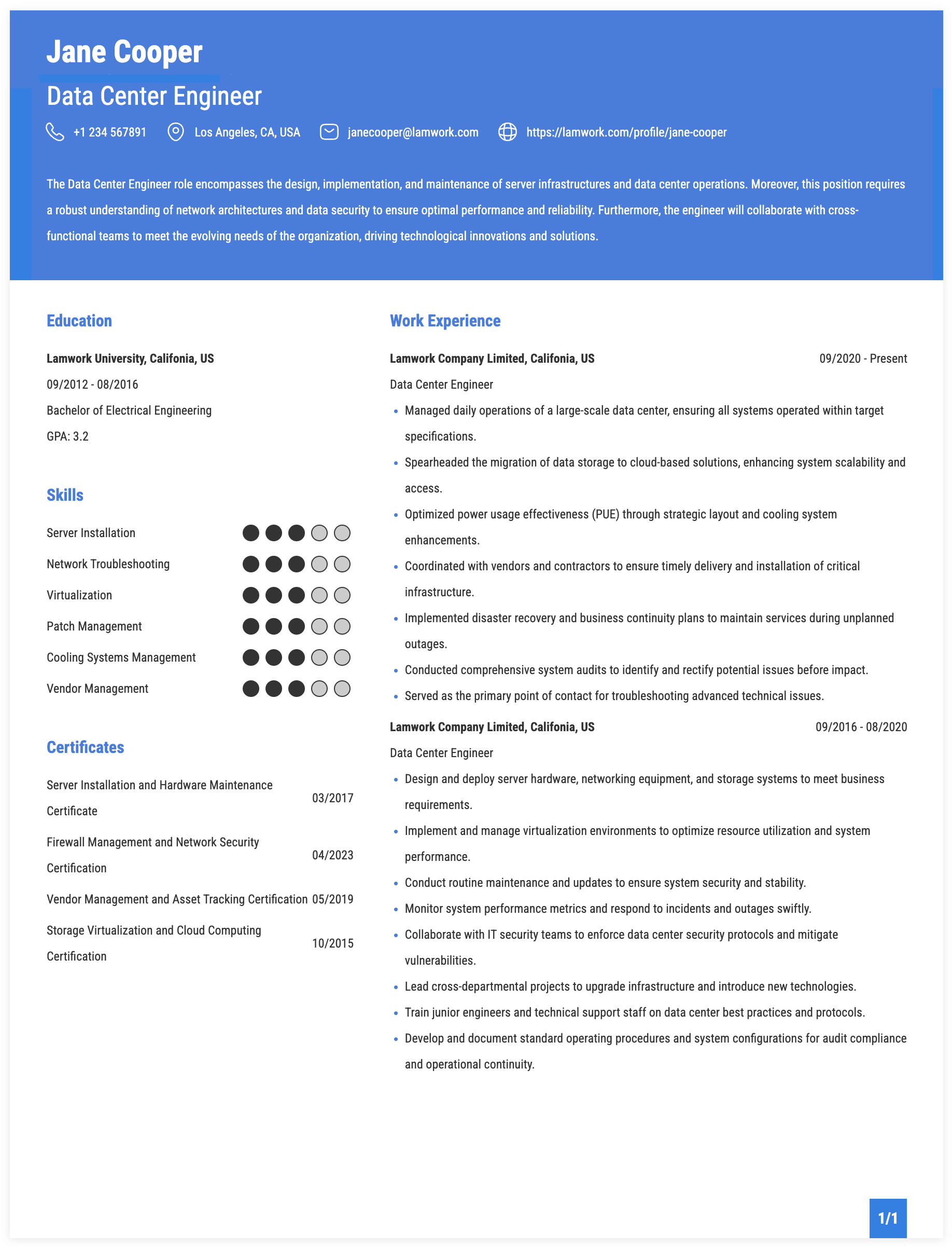 Data Center Engineer Resume Example