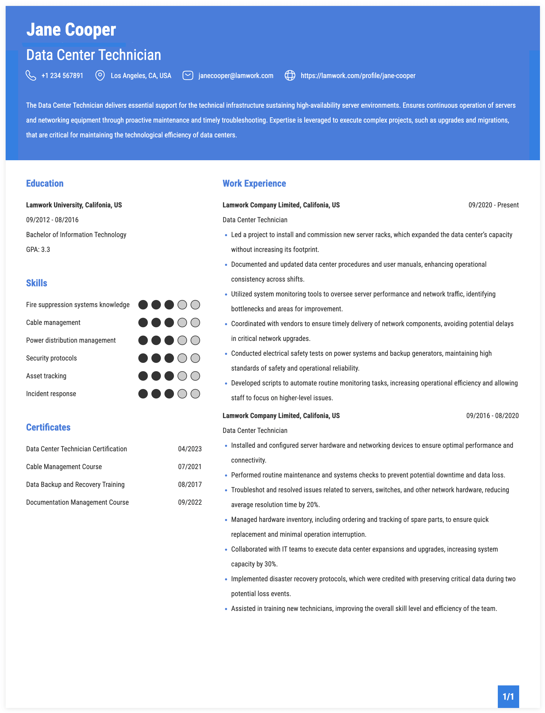 Data Center Technician Resume Example