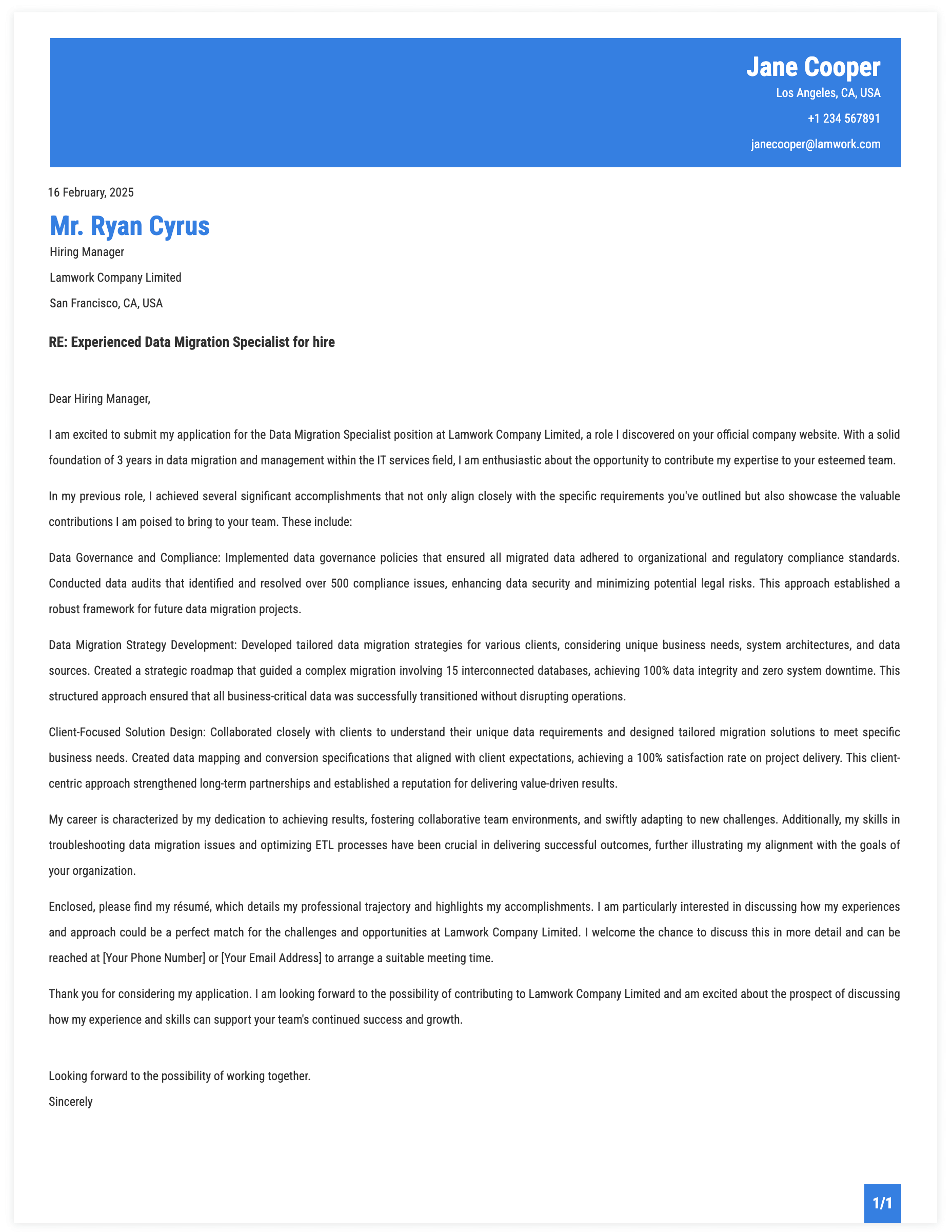 Data Migration Specialist Cover Letter Template