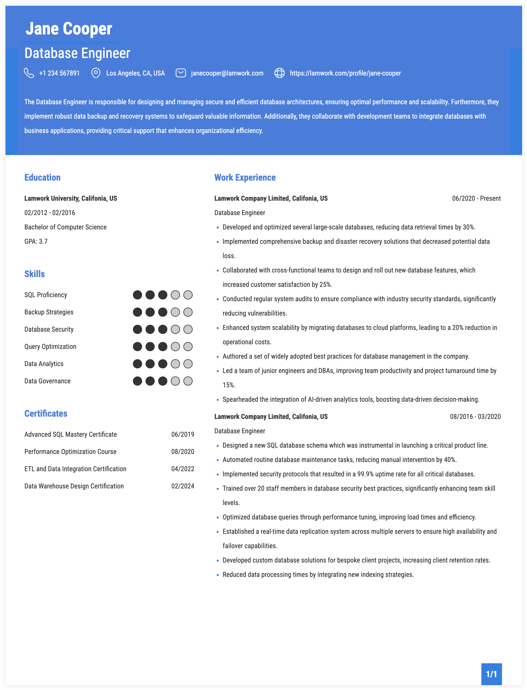 Database Engineer Resume Example