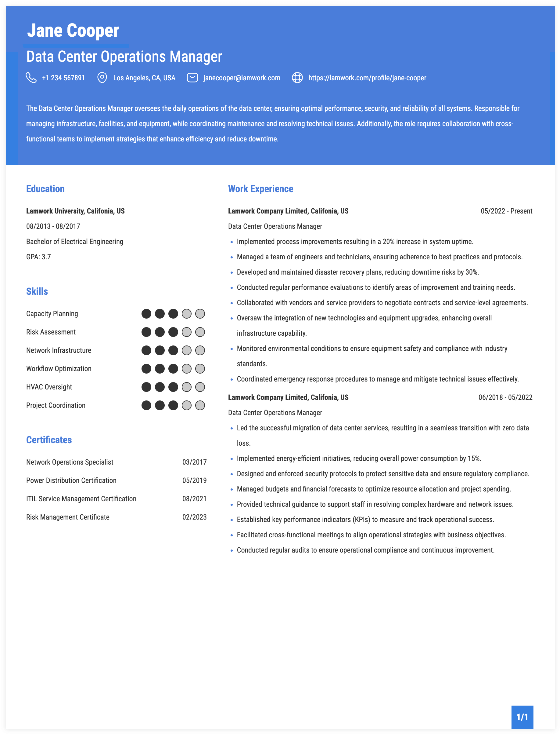 Data Center Operations Manager Resume Example