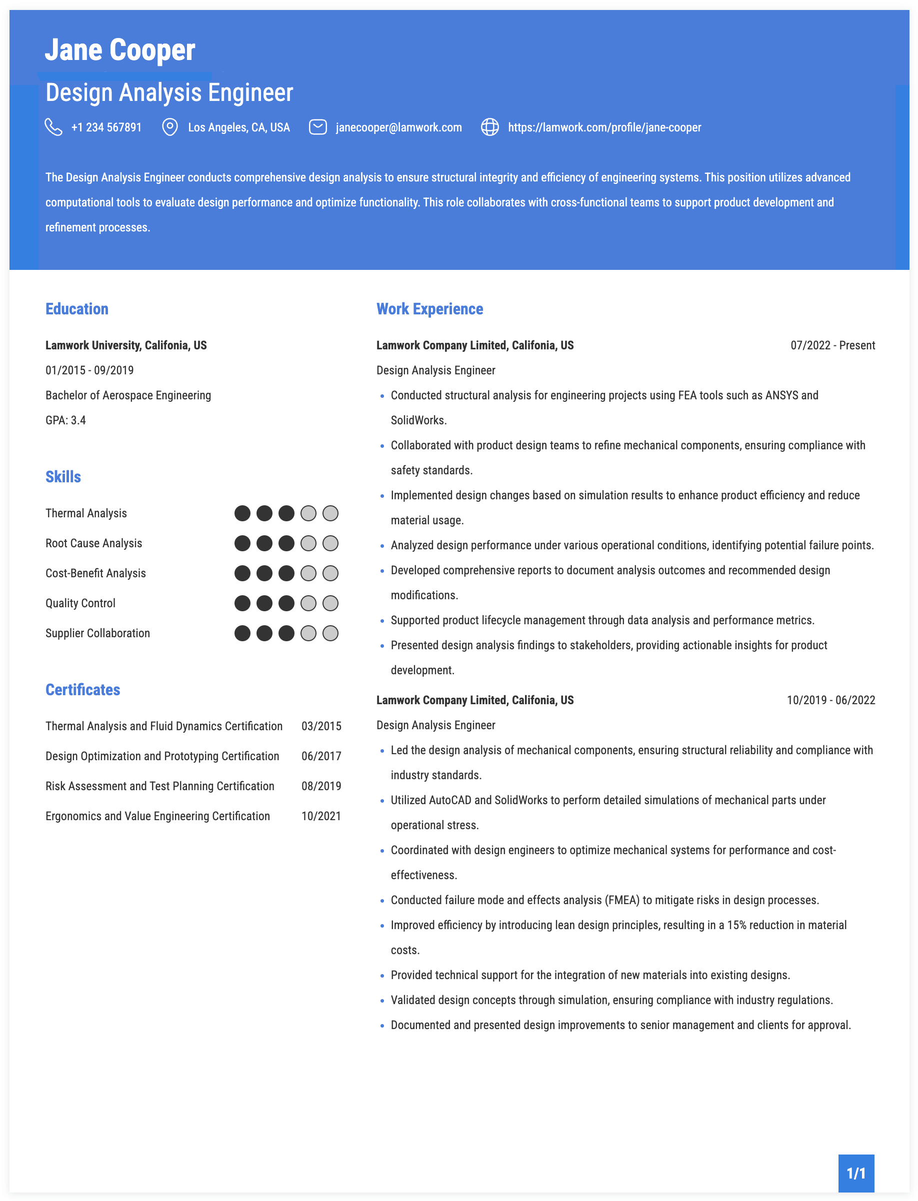 Design Analysis Engineer Resume Example