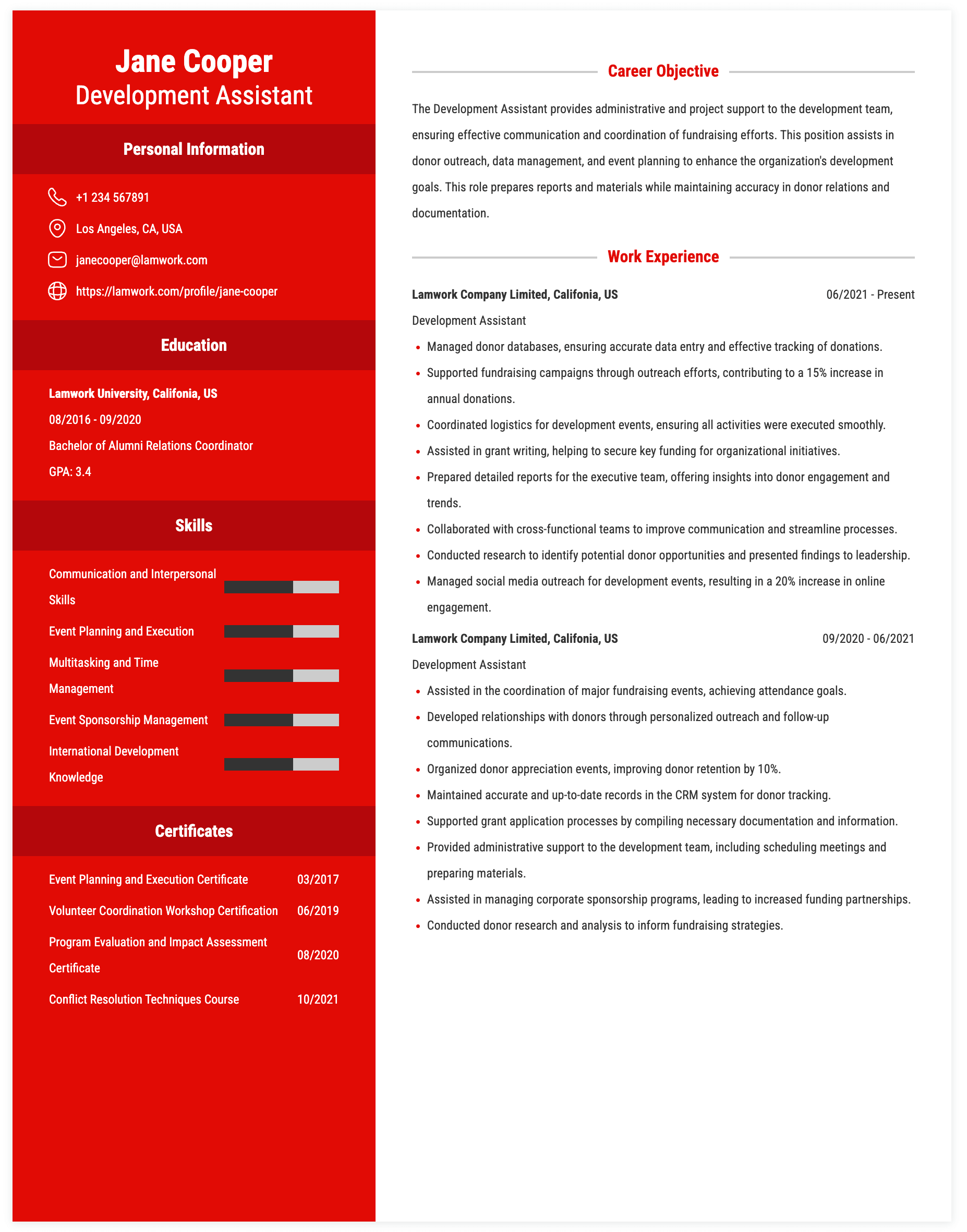Development Assistant Resume Example