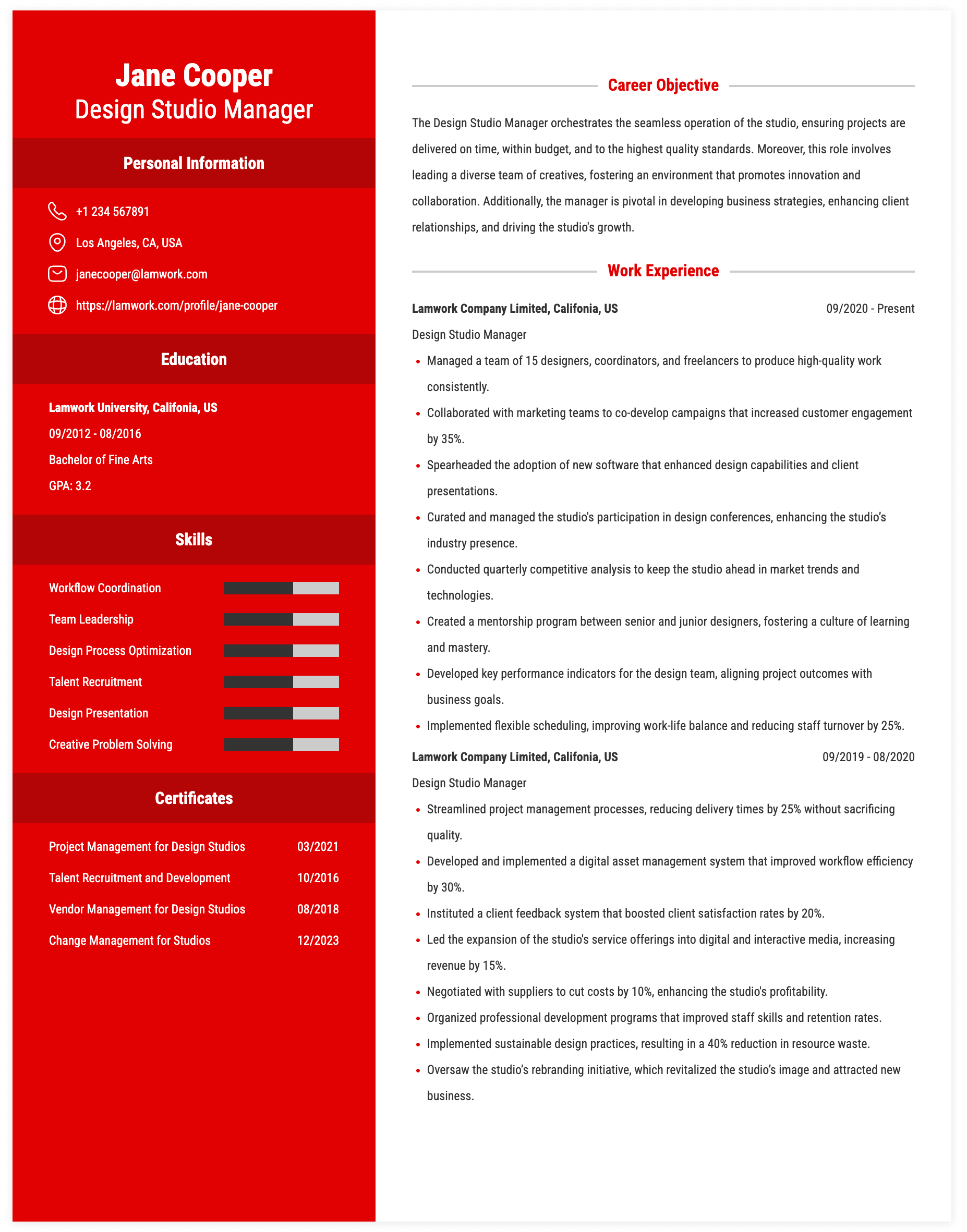 Design Studio Manager Resume Example