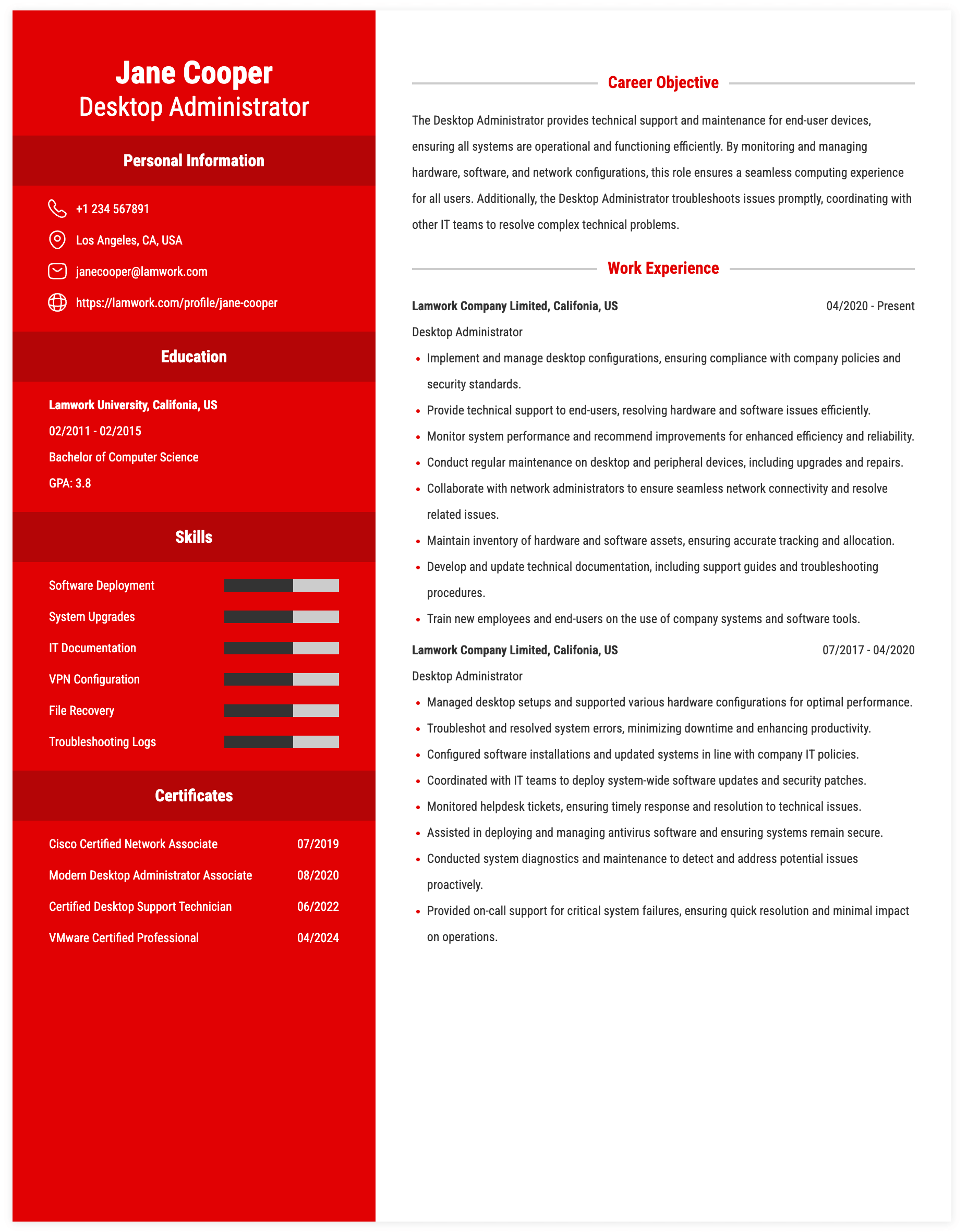 Desktop Administrator Resume Example