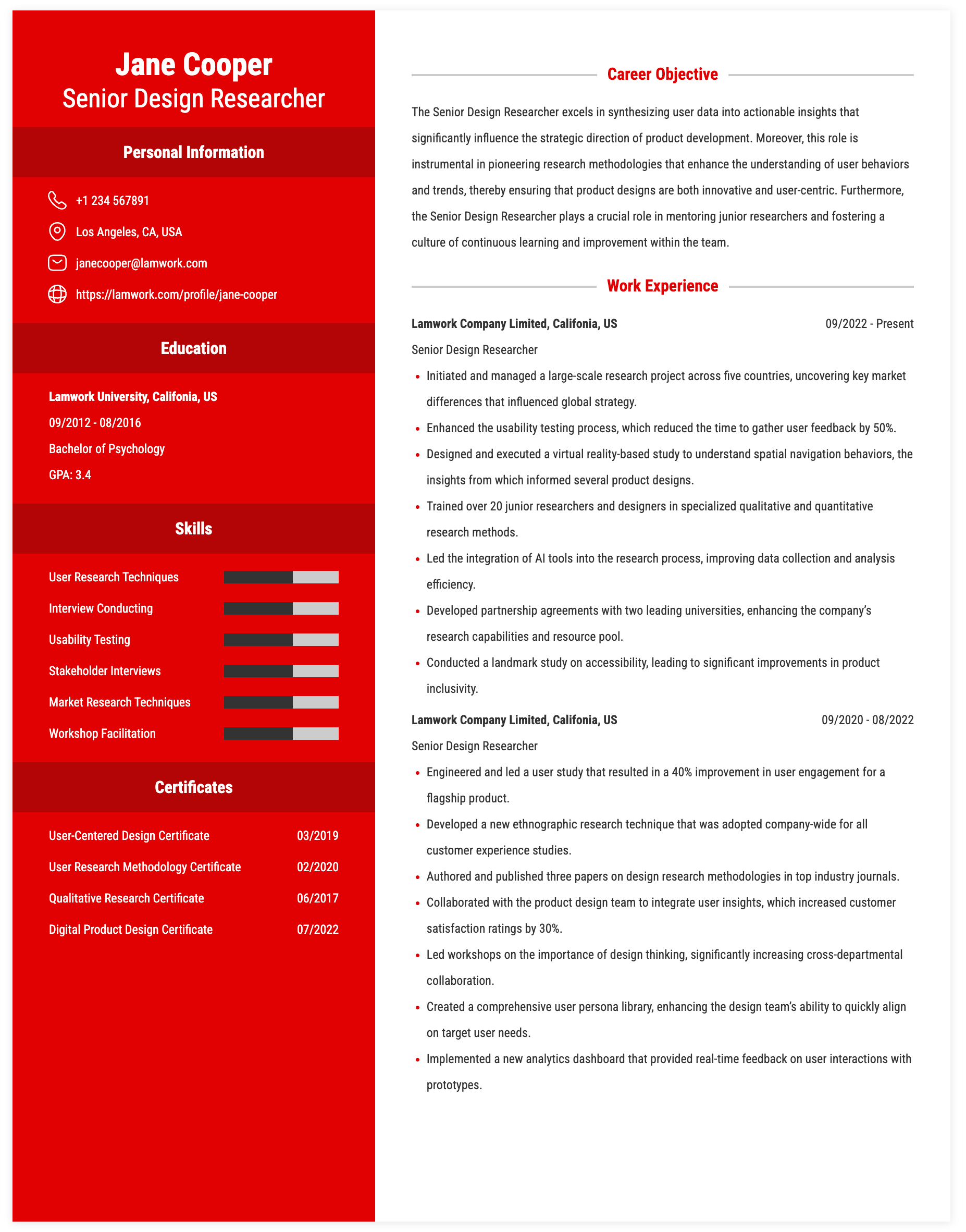 Senior Design Researcher Resume Example