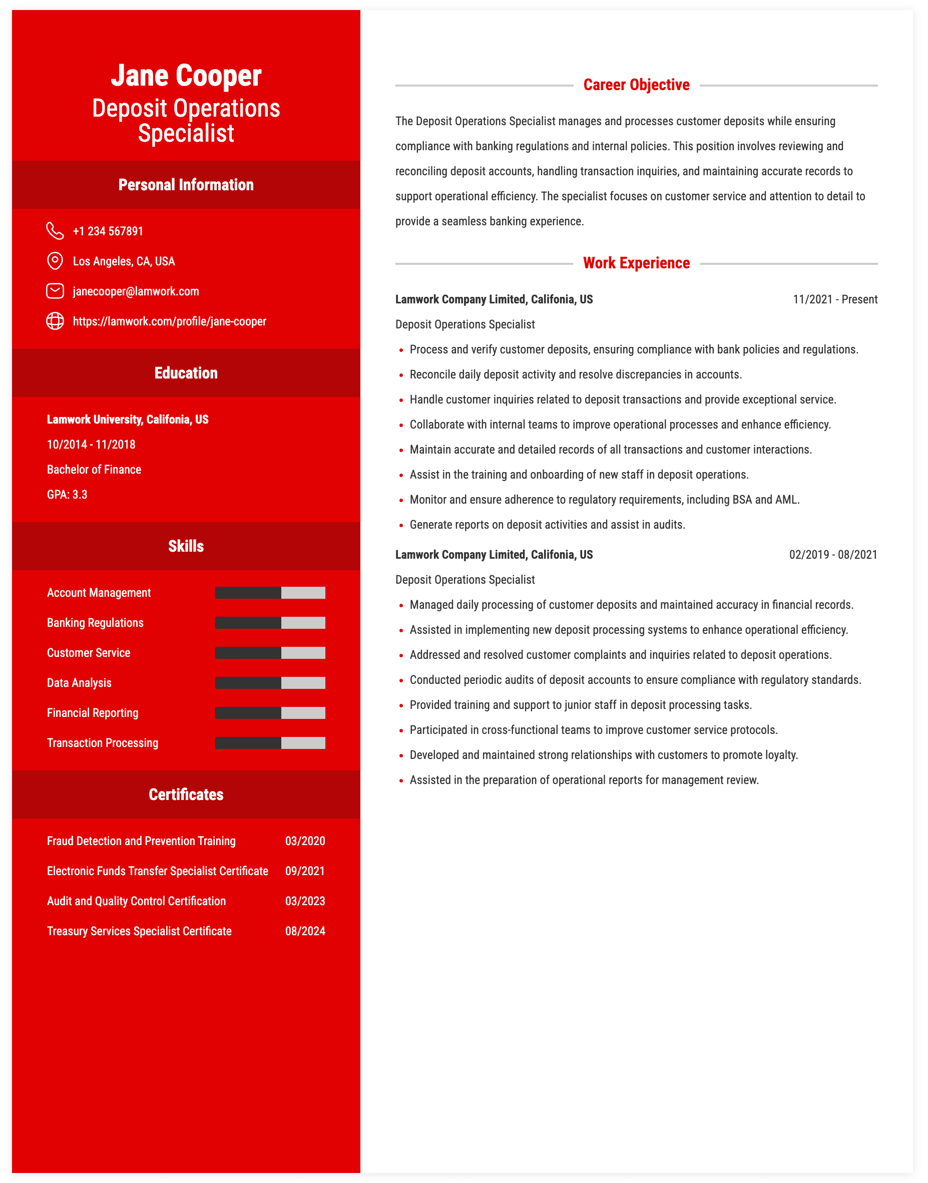 Deposit Operations Specialist Resume Example
