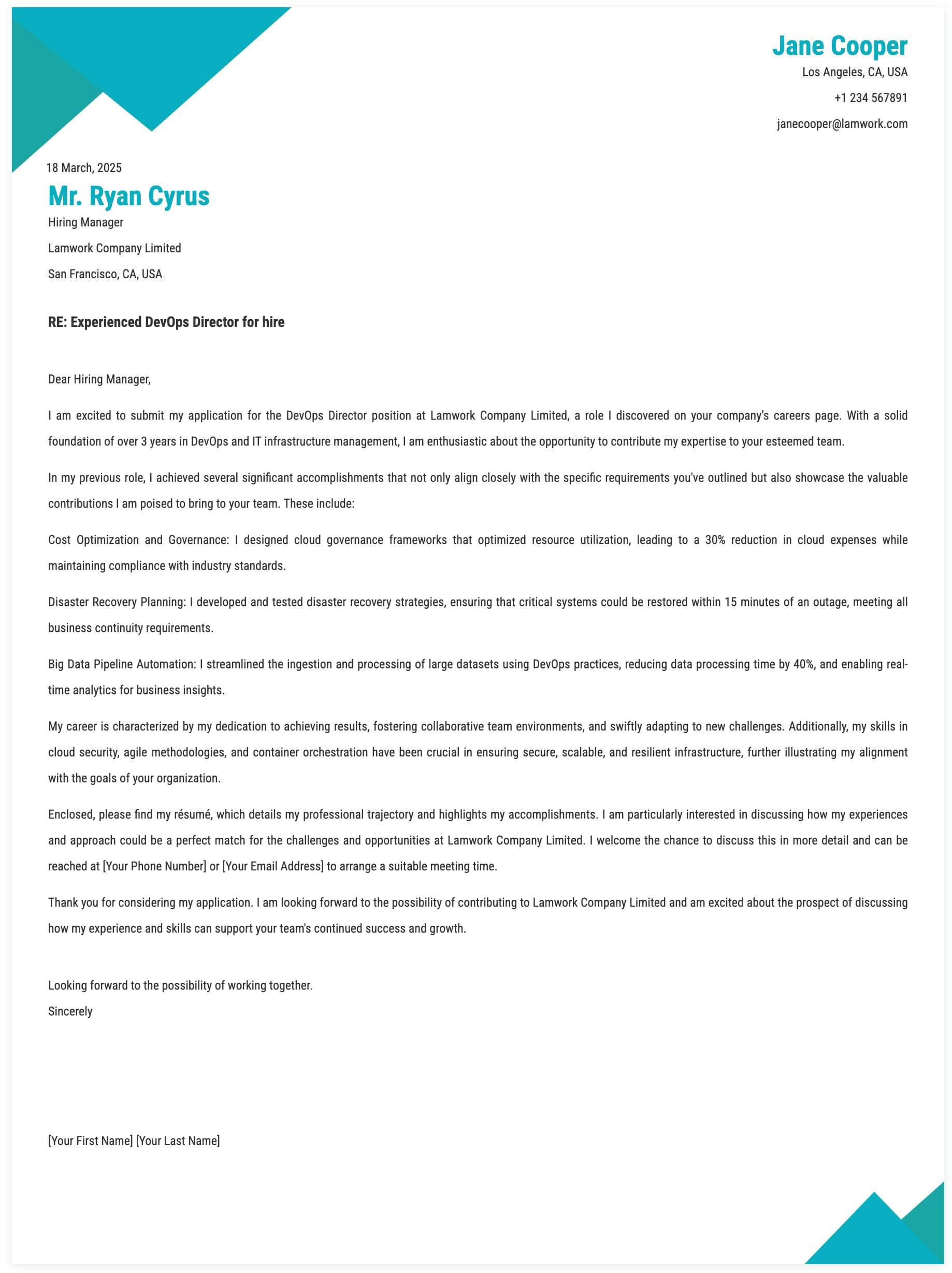 DevOps Director Cover Letter Template