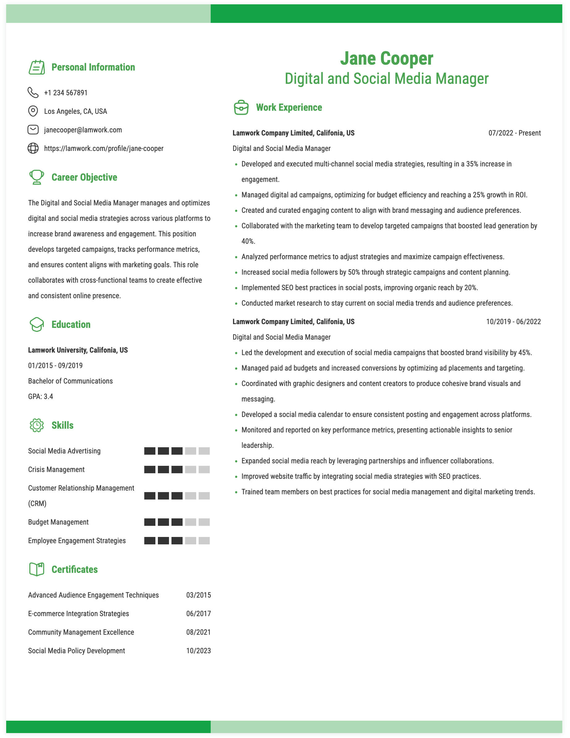 Digital and Social Media Manager Resume Example
