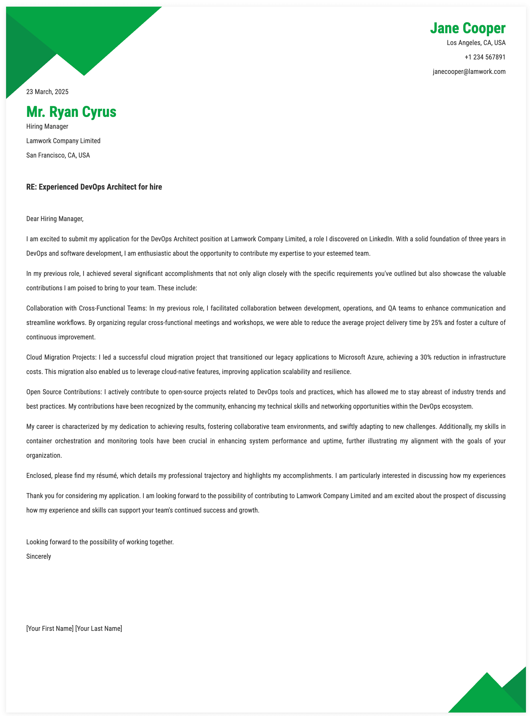 DevOps Architect Cover Letter Template