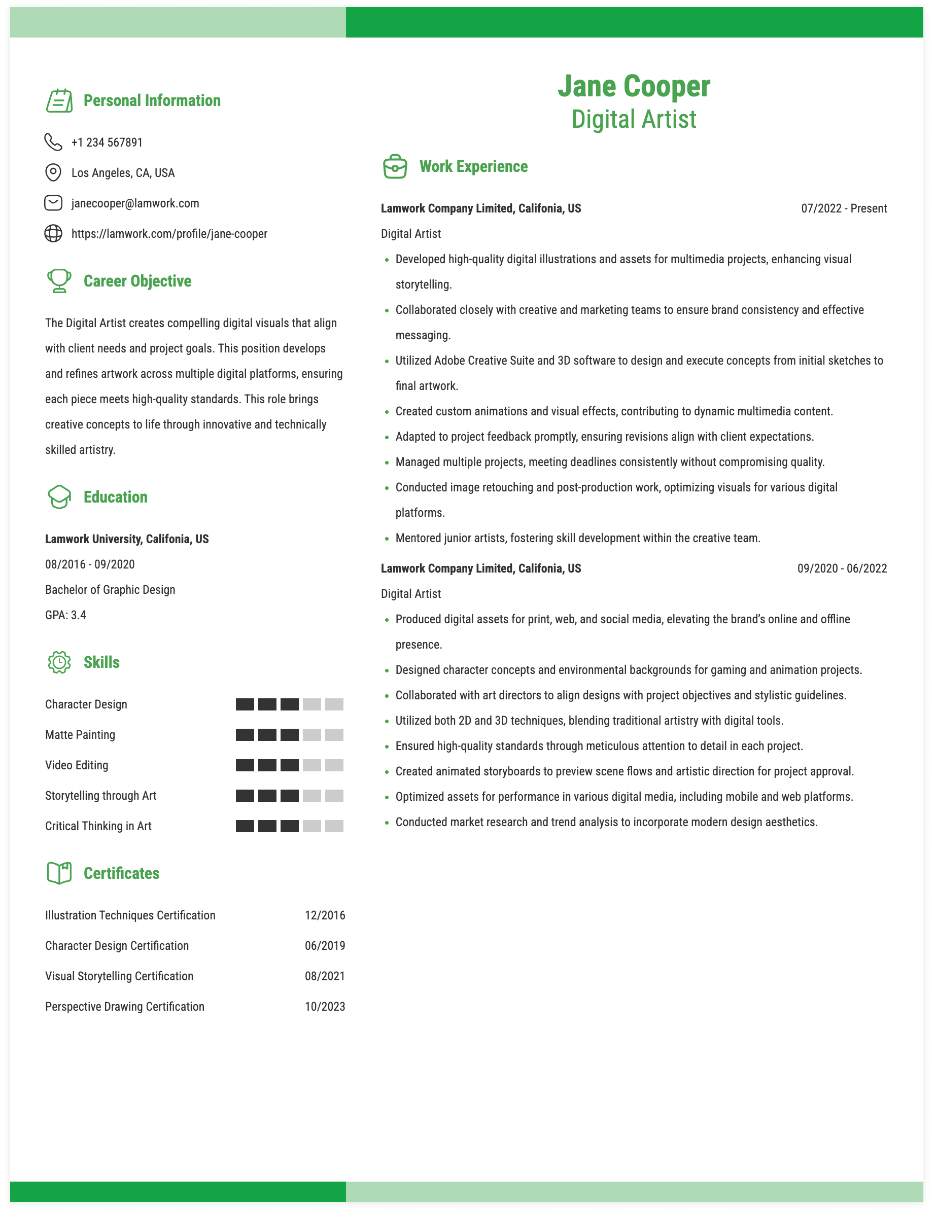Digital Artist Resume Example