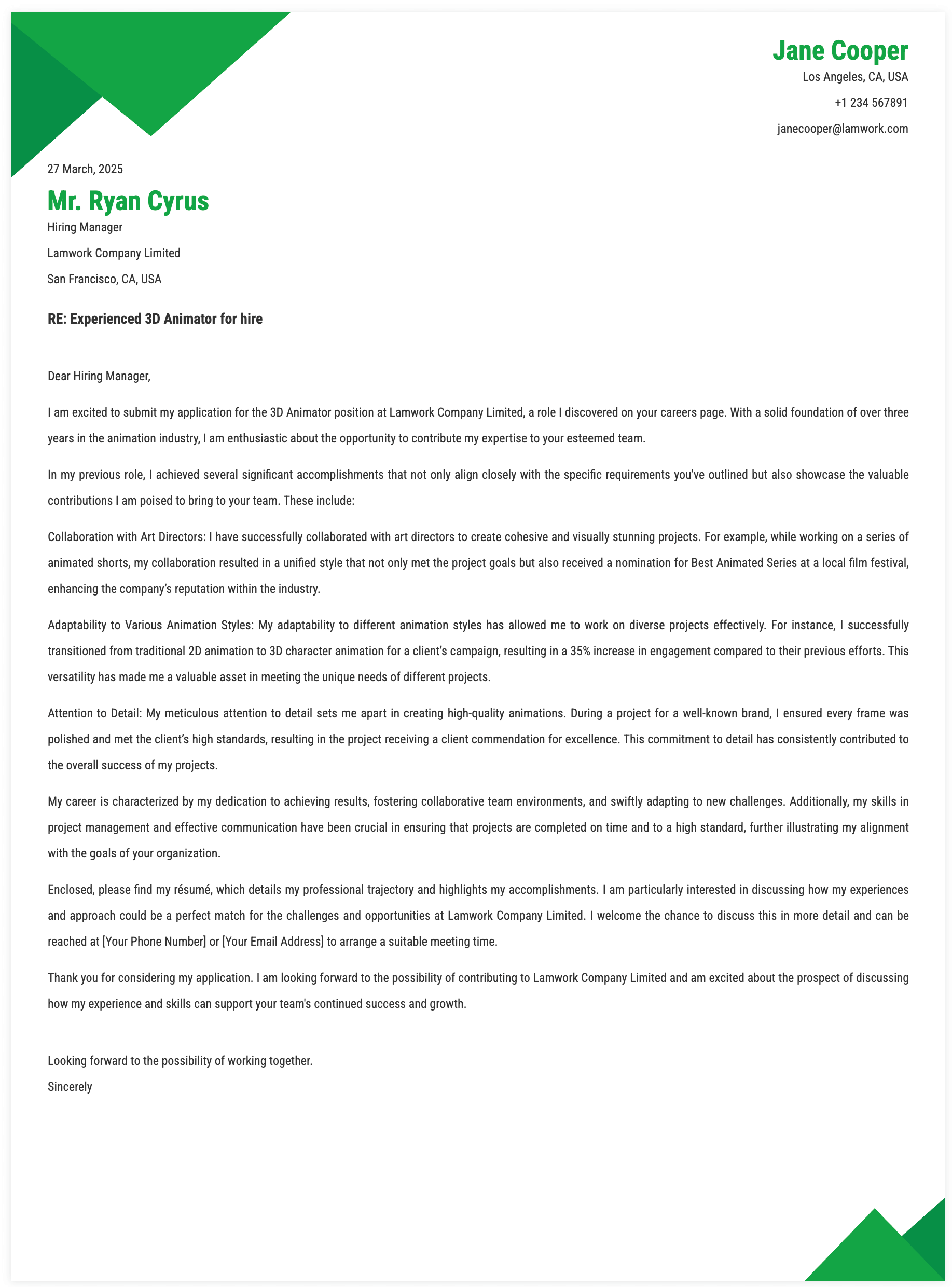 3D Animator Cover Letter Template