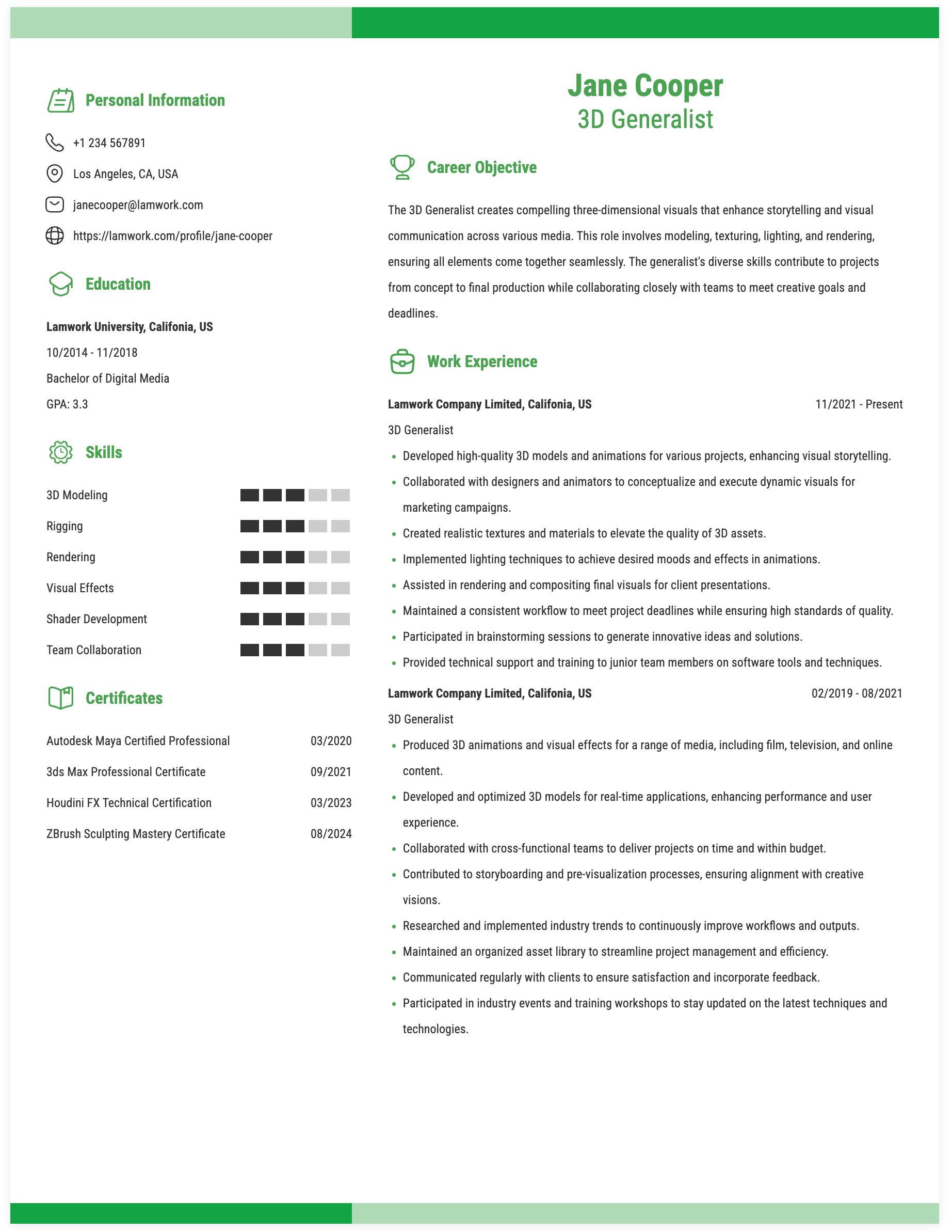 3D Generalist Resume Example
