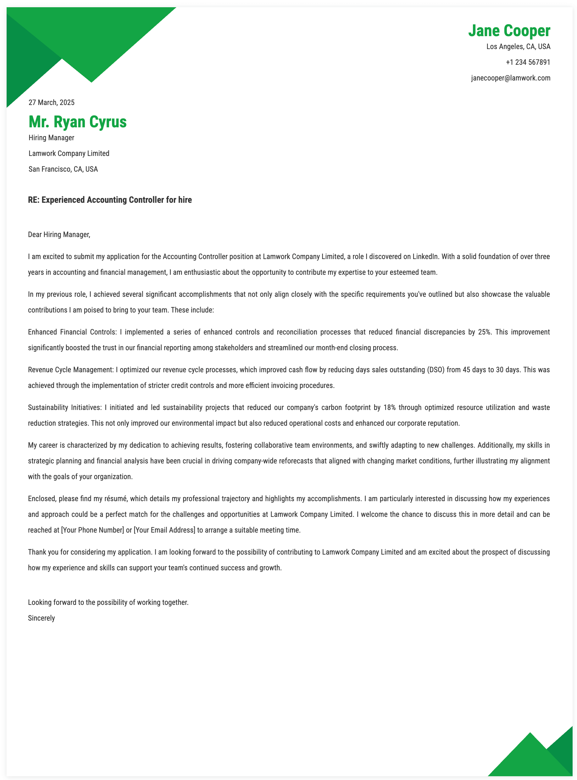 Accounting Controller Cover Letter Template