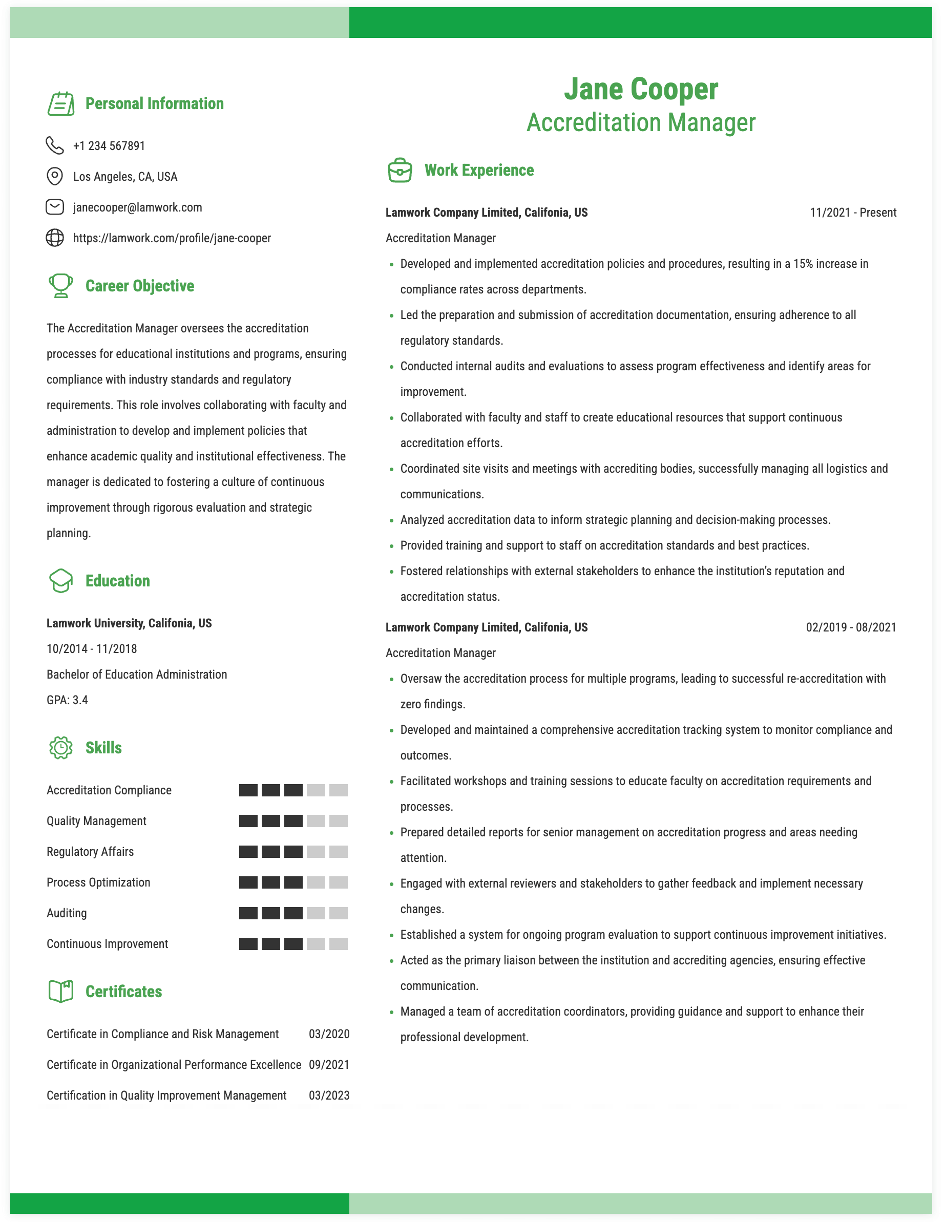 Accreditation Manager Resume Example