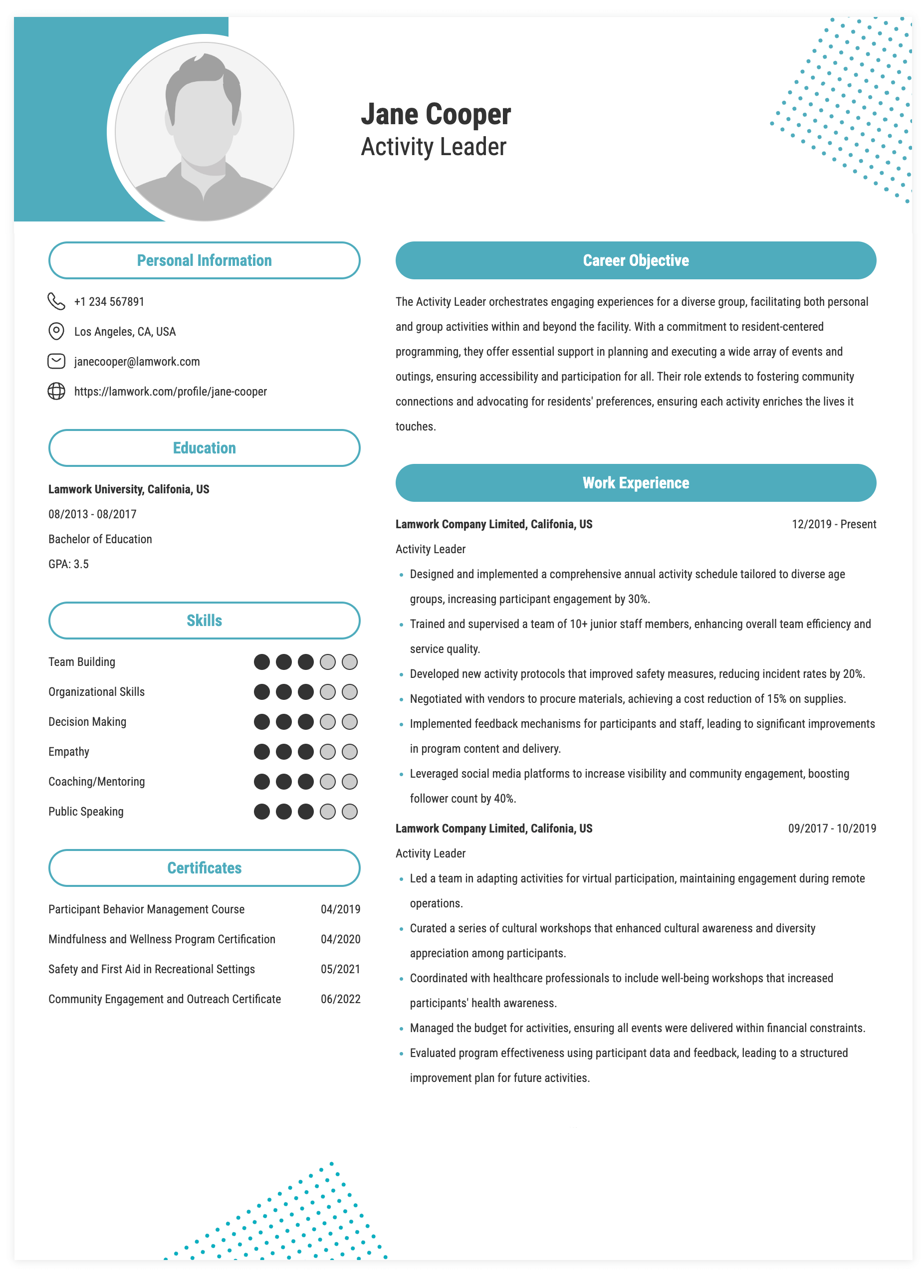 Activity Leader Resume Example
