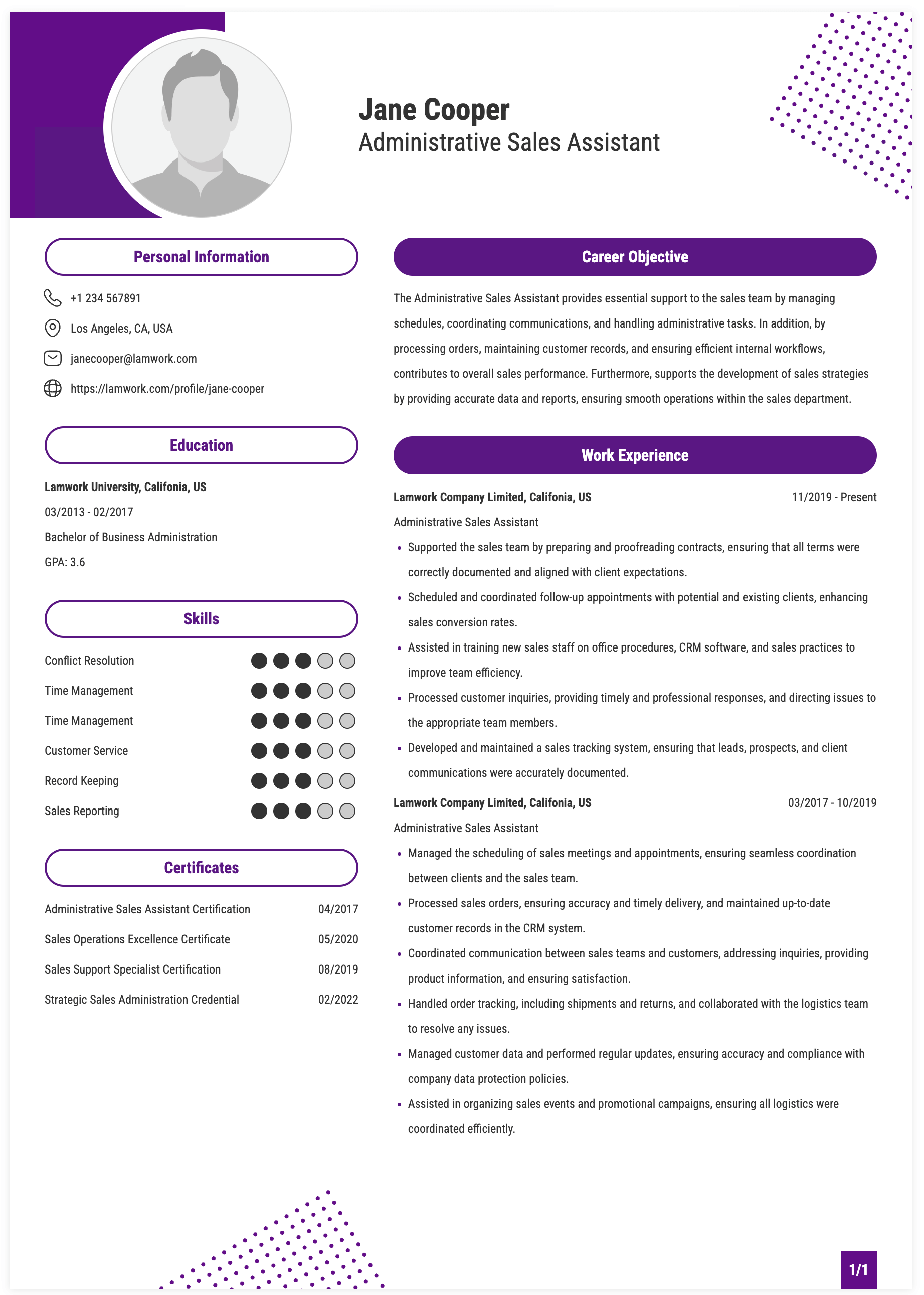 Administrative Sales Assistant Resume Example