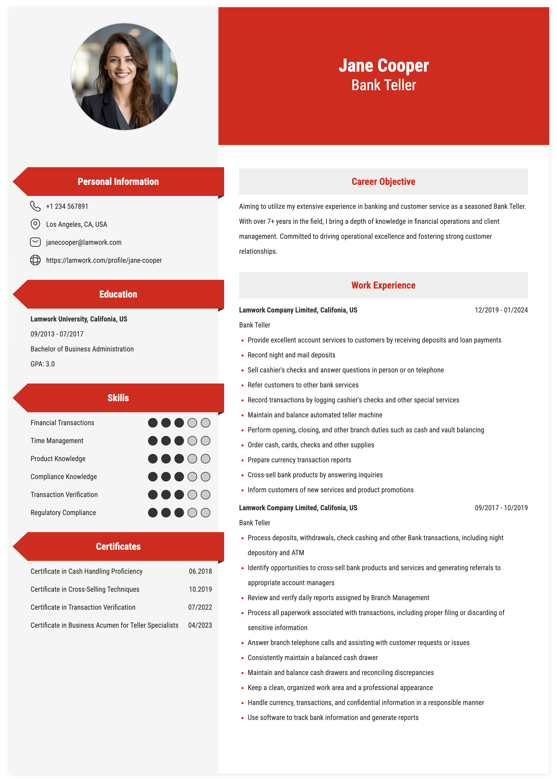 Bank Teller Resume Example