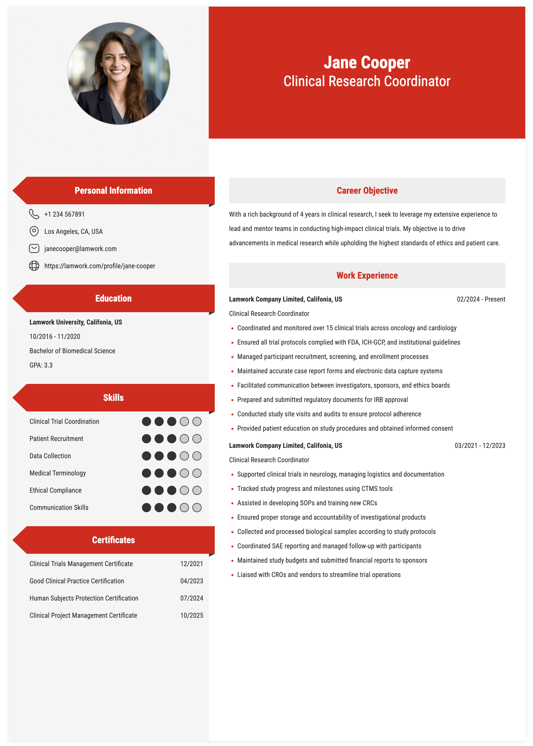 Clinical Research Coordinator Resume Example