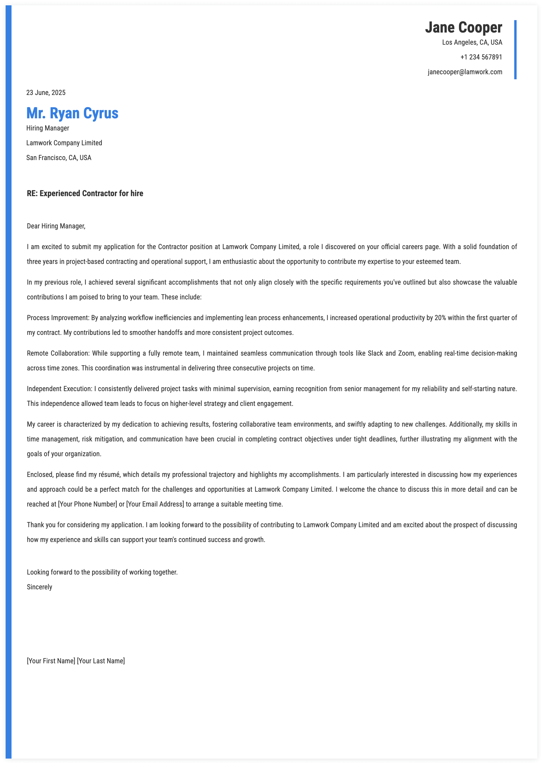 Contractor Cover Letter Template