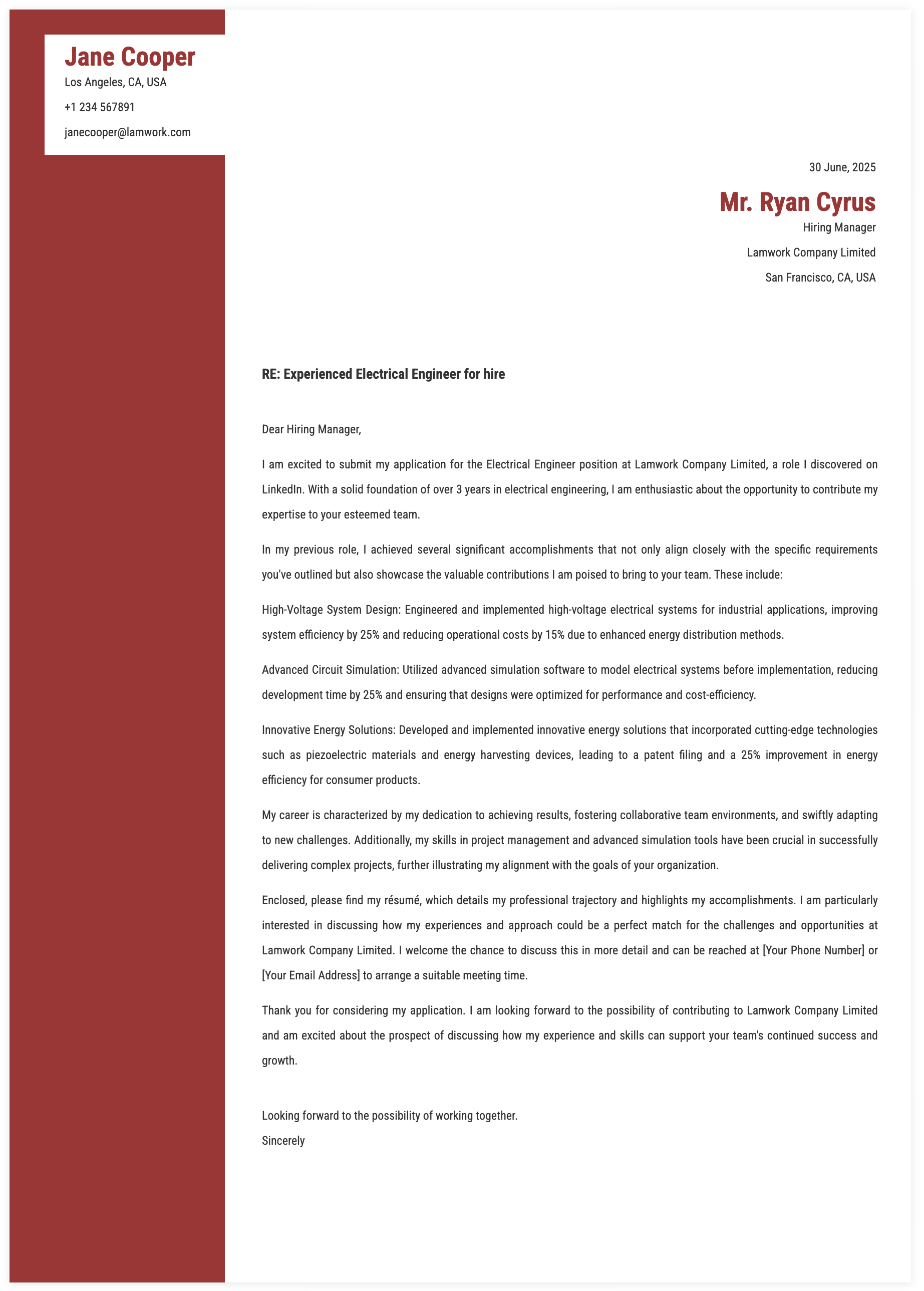 Electrical Engineer Cover Letter Template