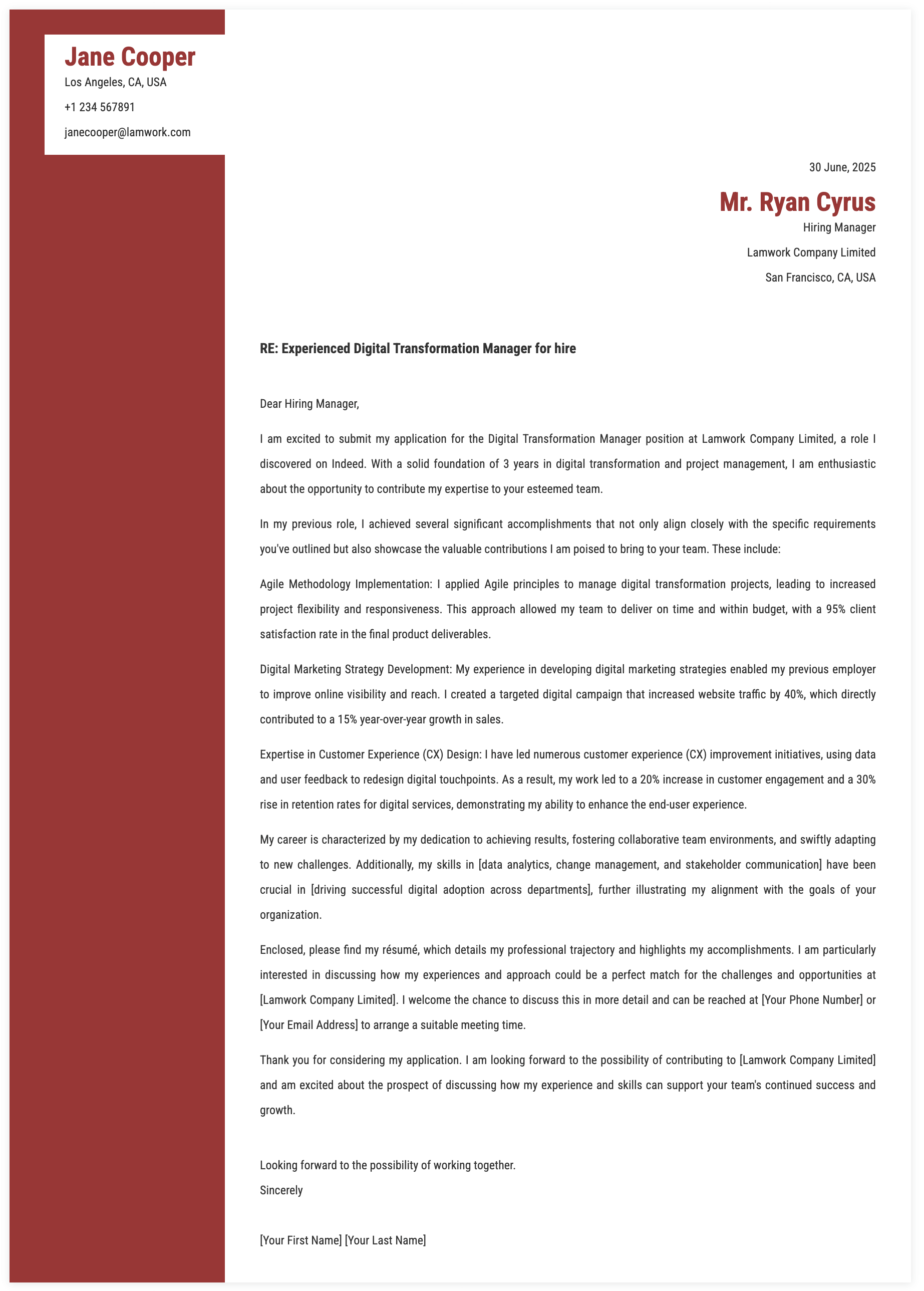 Digital Transformation Manager Cover Letter Template
