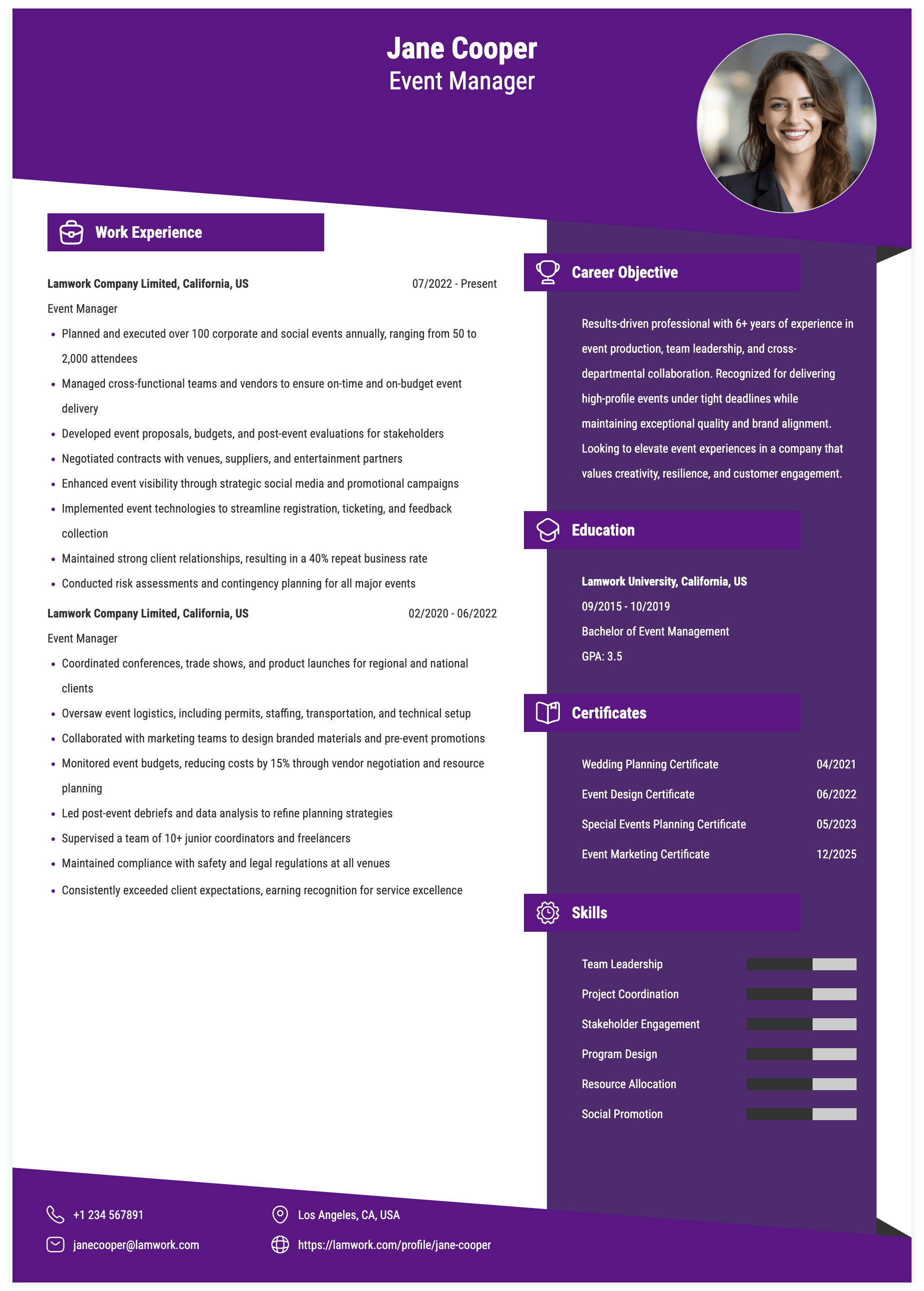 Event Manager Resume Example