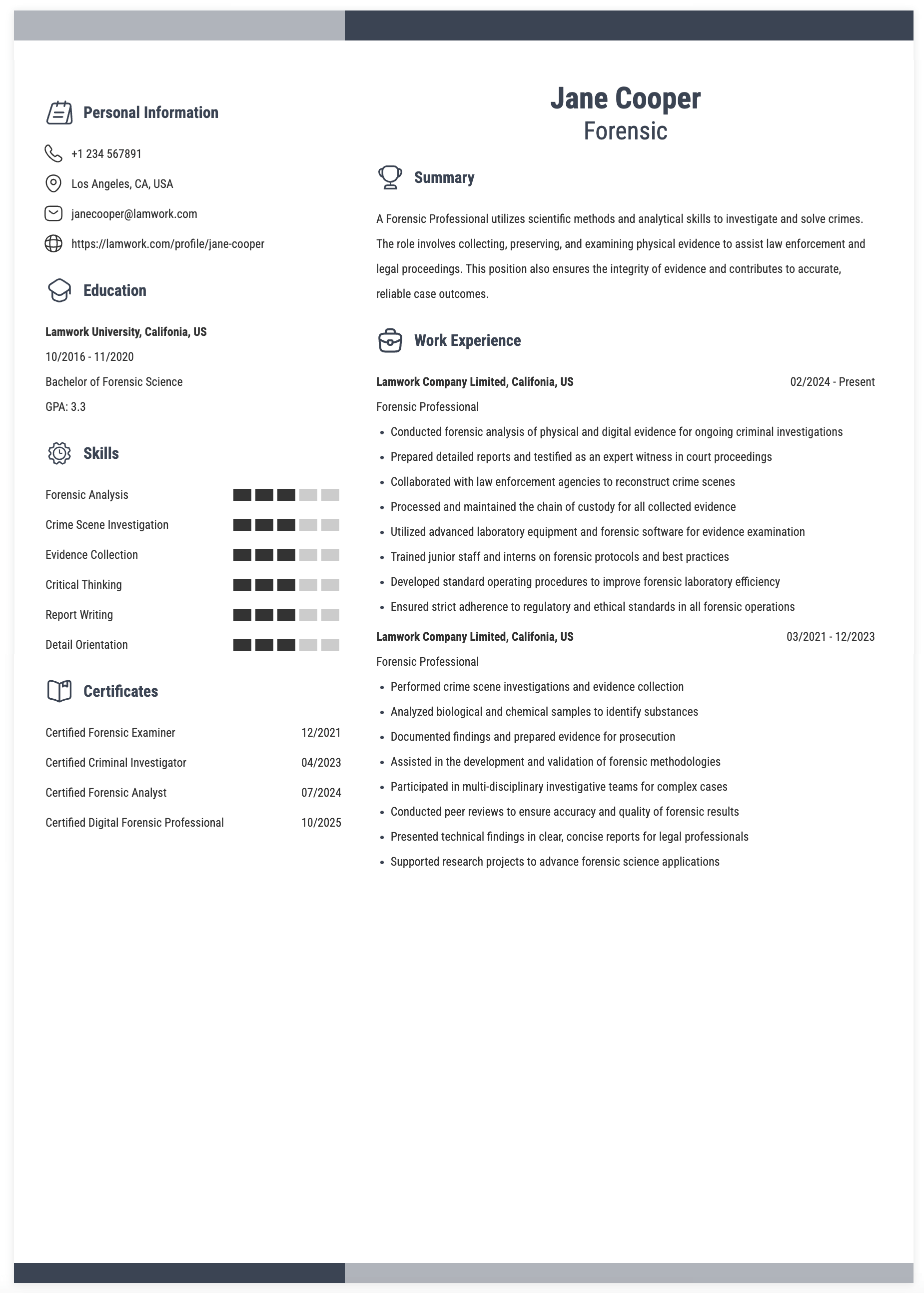 Forensic Resume Example