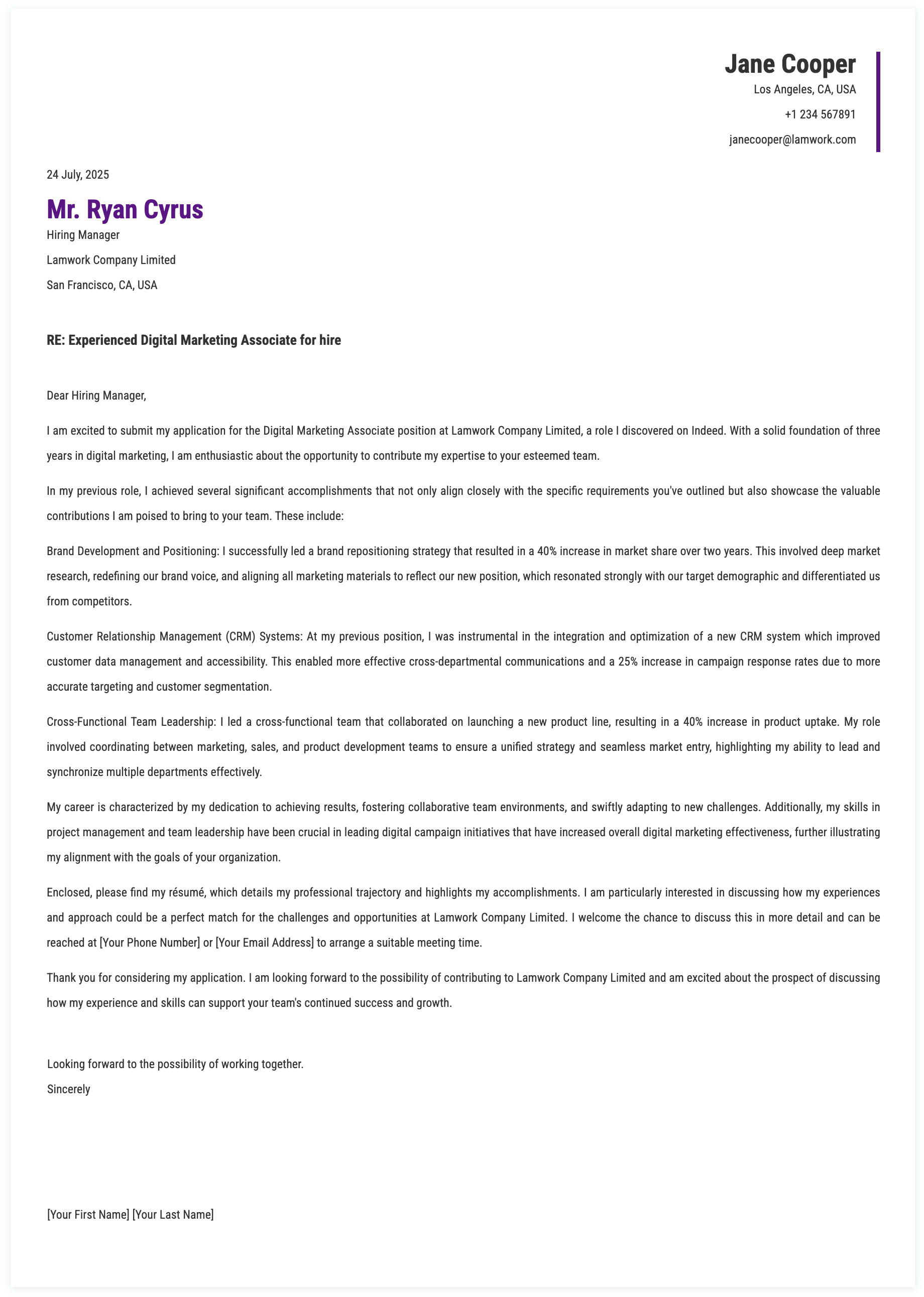 Digital Marketing Associate Cover Letter Template