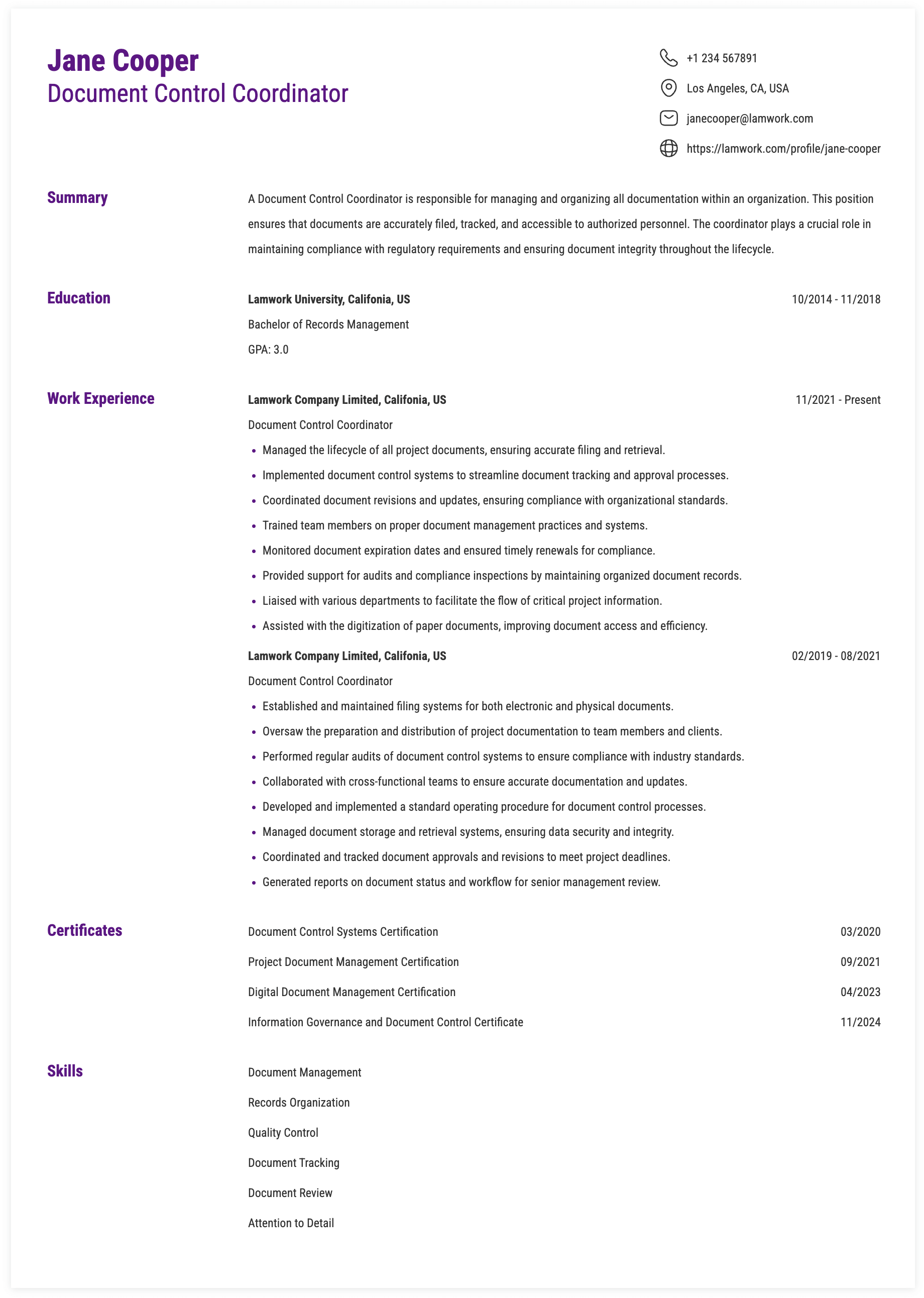 Document Control Coordinator Resume Example