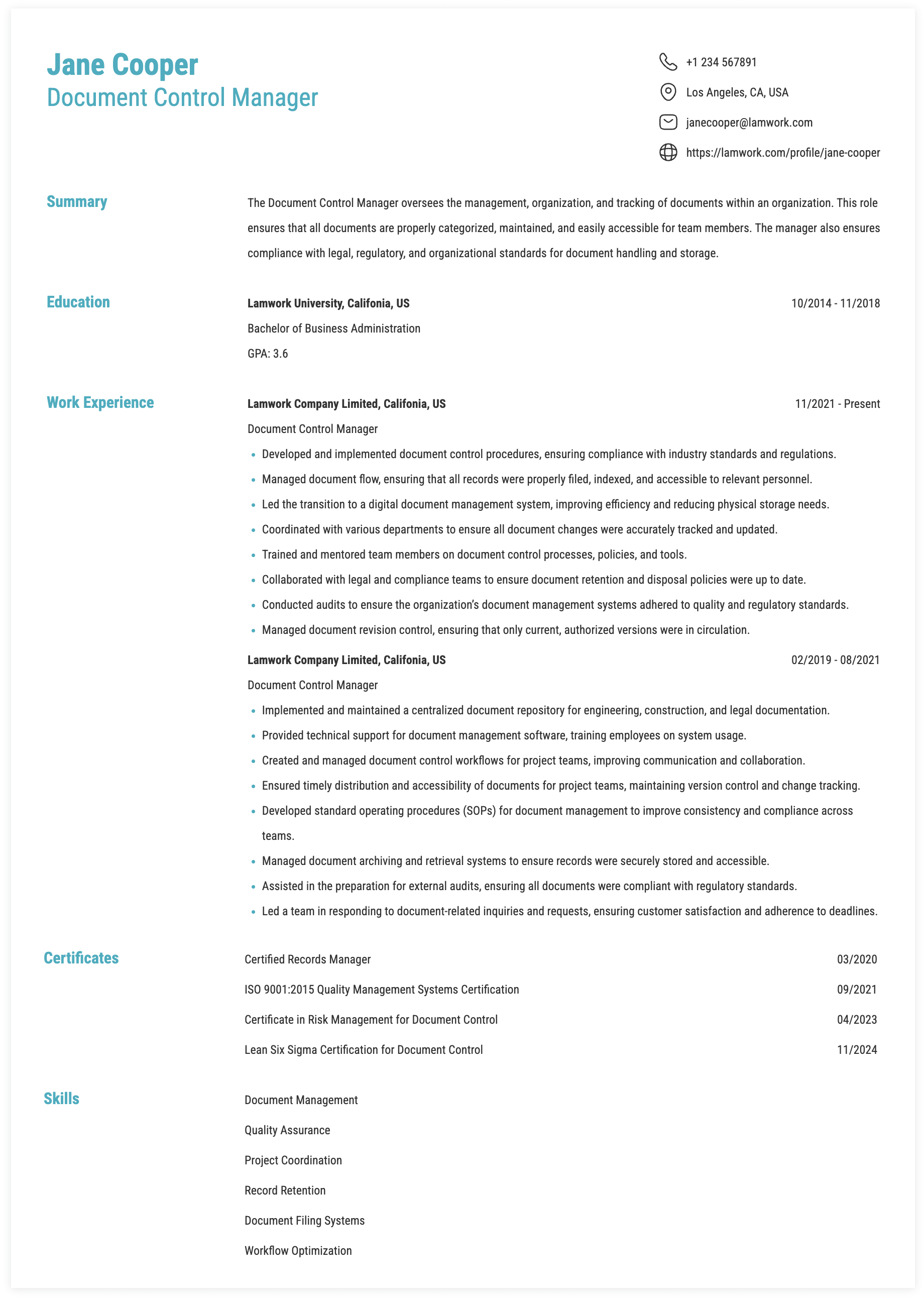 Document Control Manager Resume Example