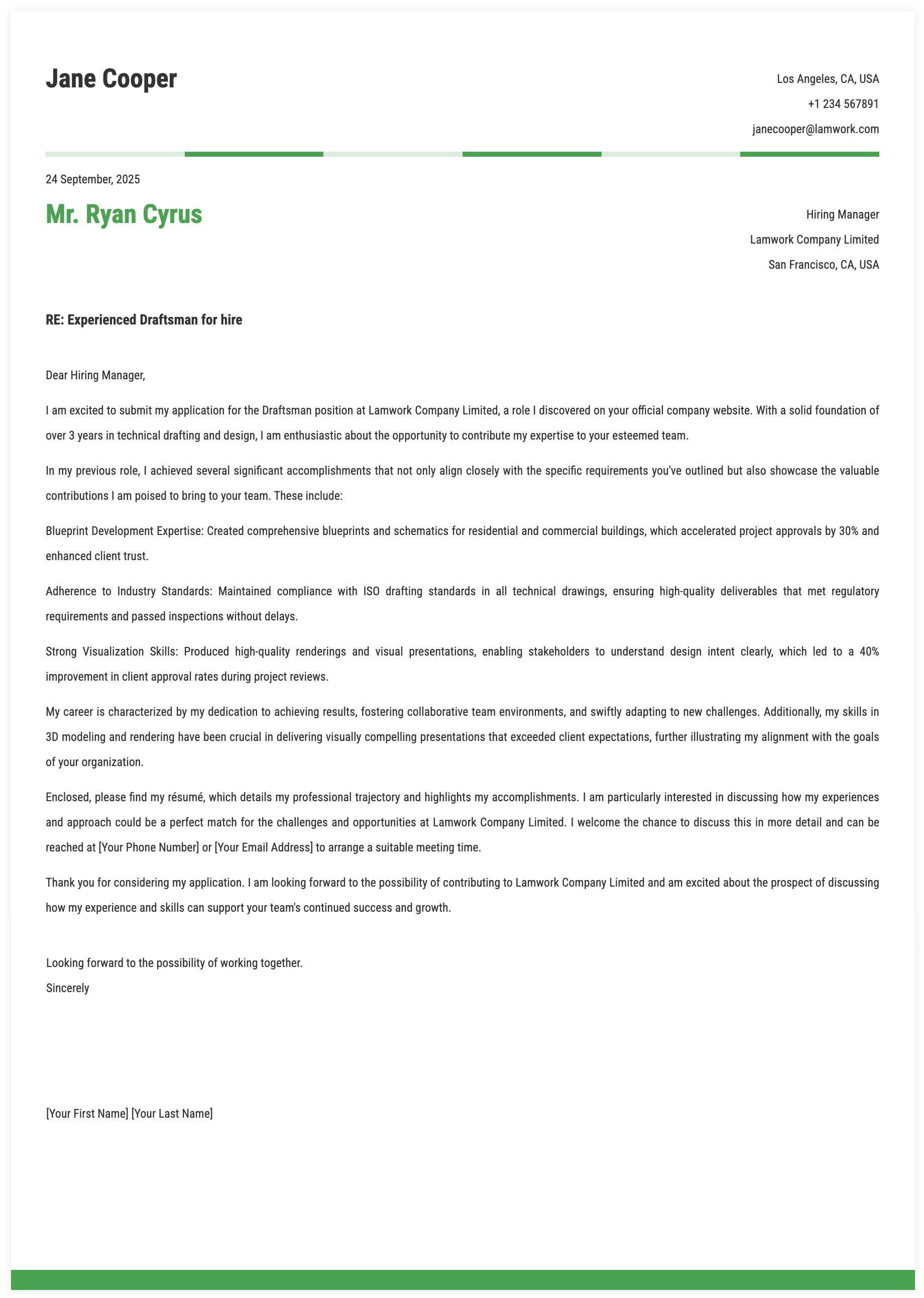 Draftsman Cover Letter Template